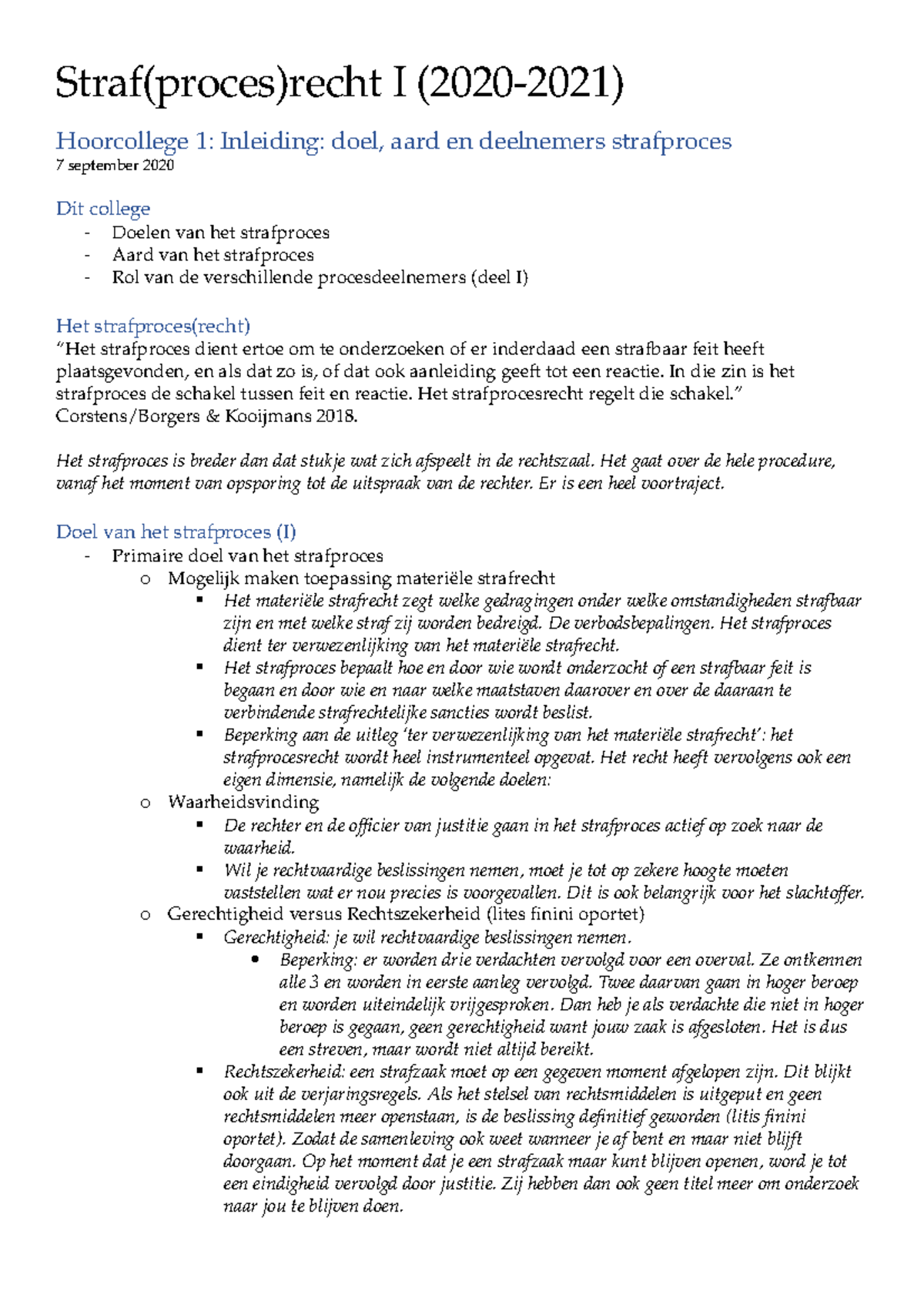 Strafrecht Hc College Aantekeningen 1 12 Straf Proces Recht I 2020
