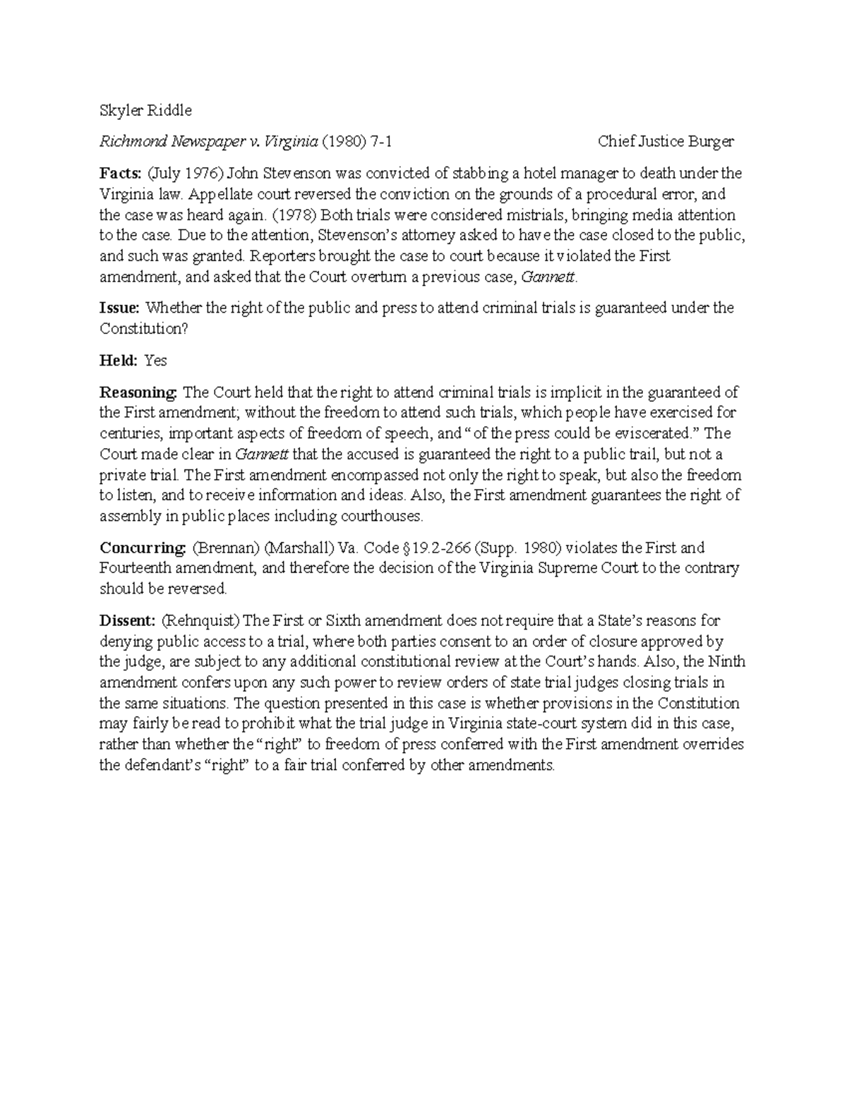 Richmond Newspapers v. Virginia - Skyler Riddle Richmond Newspaper v ...