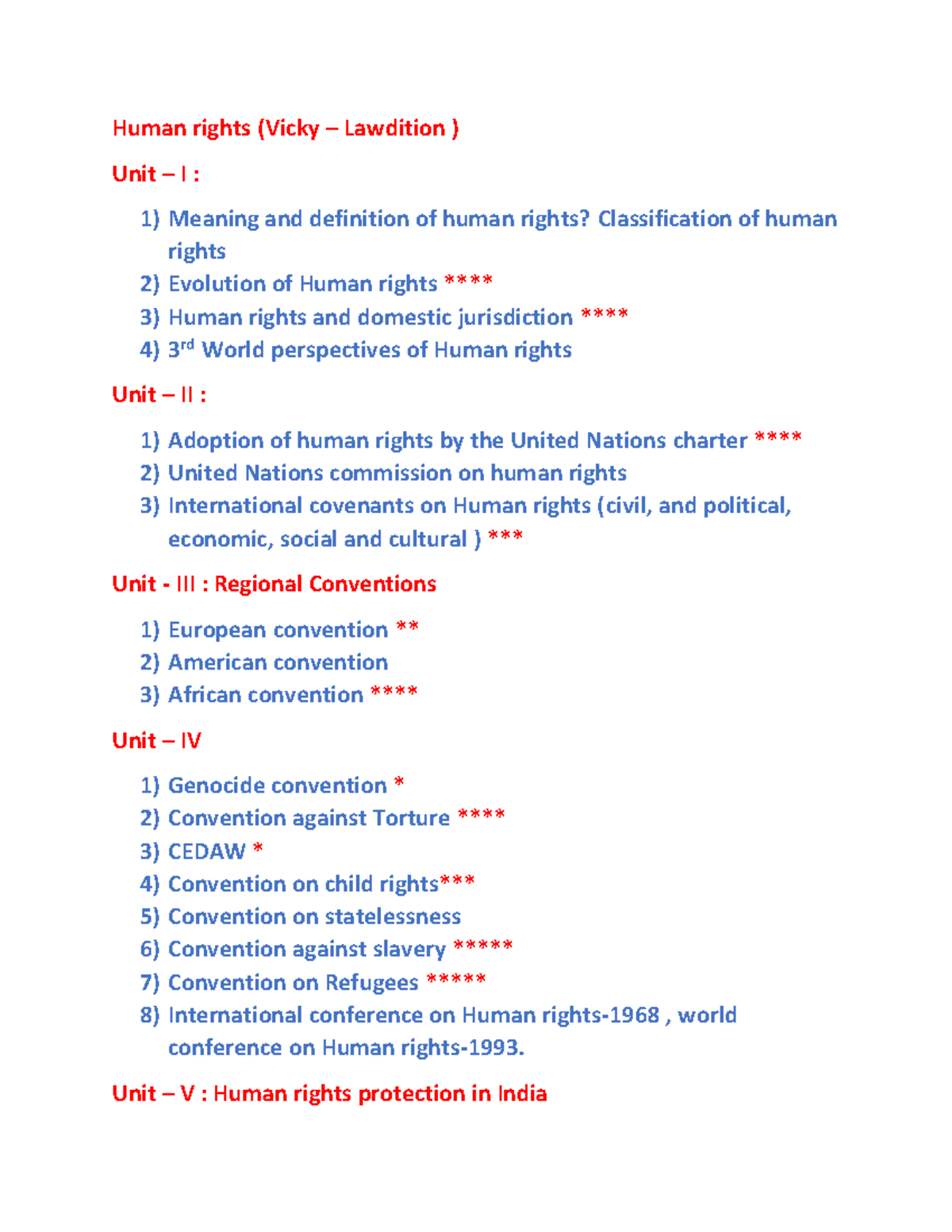 HR important questions - Human rights (Vicky – Lawdition ) Unit – I ...