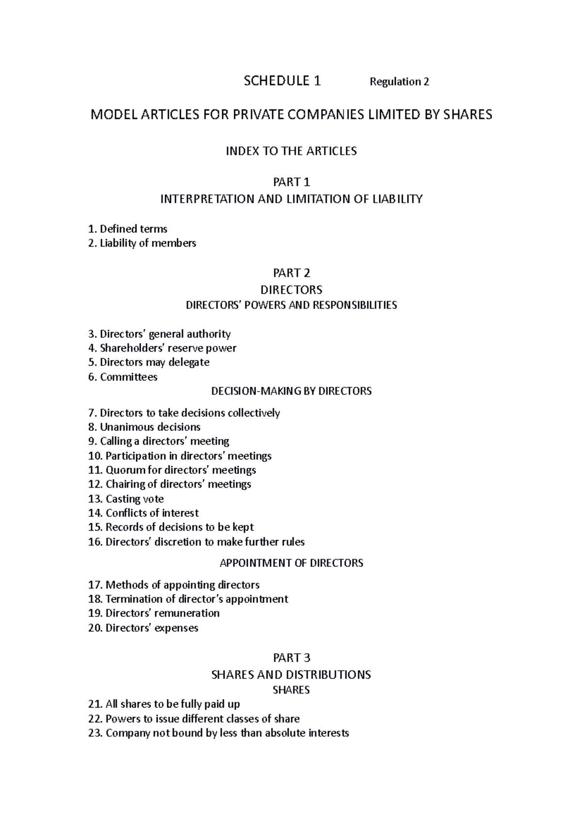 Model Articles for Private Company Limited by Shares - SCHEDULE 1 ...