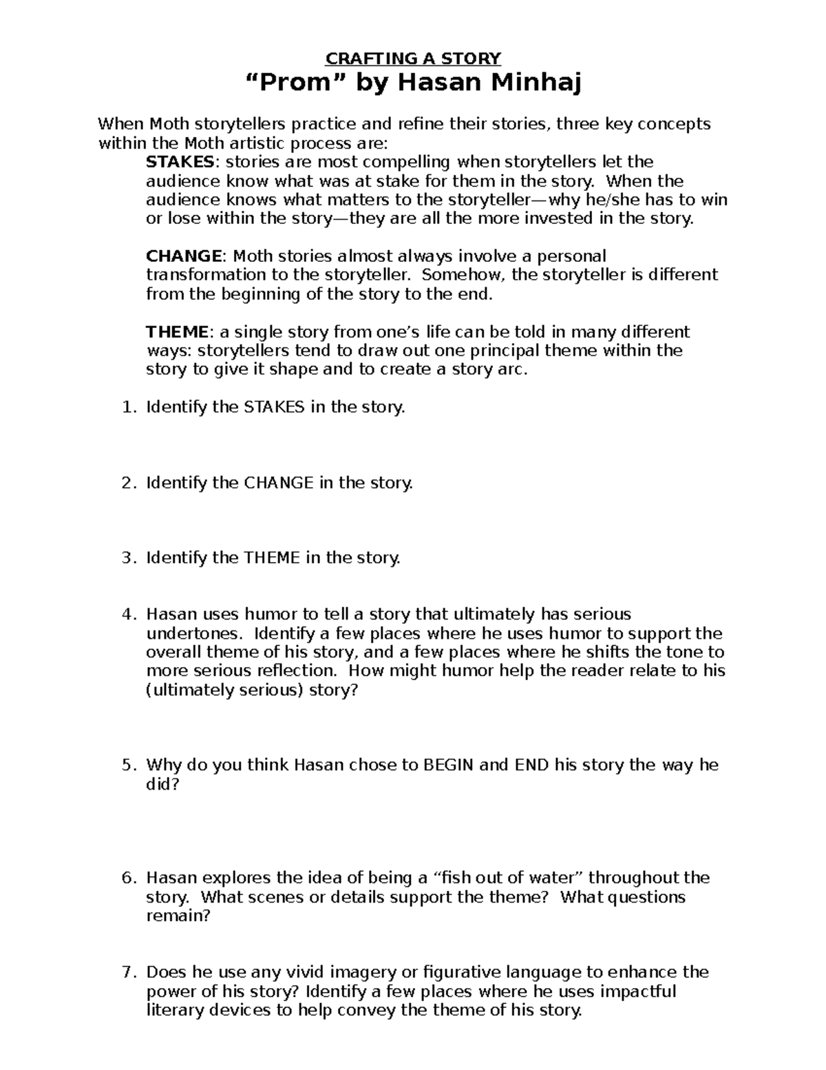 Questions for The Prom, by Hasan Minhaj - CRAFTING A STORY “Prom” by ...