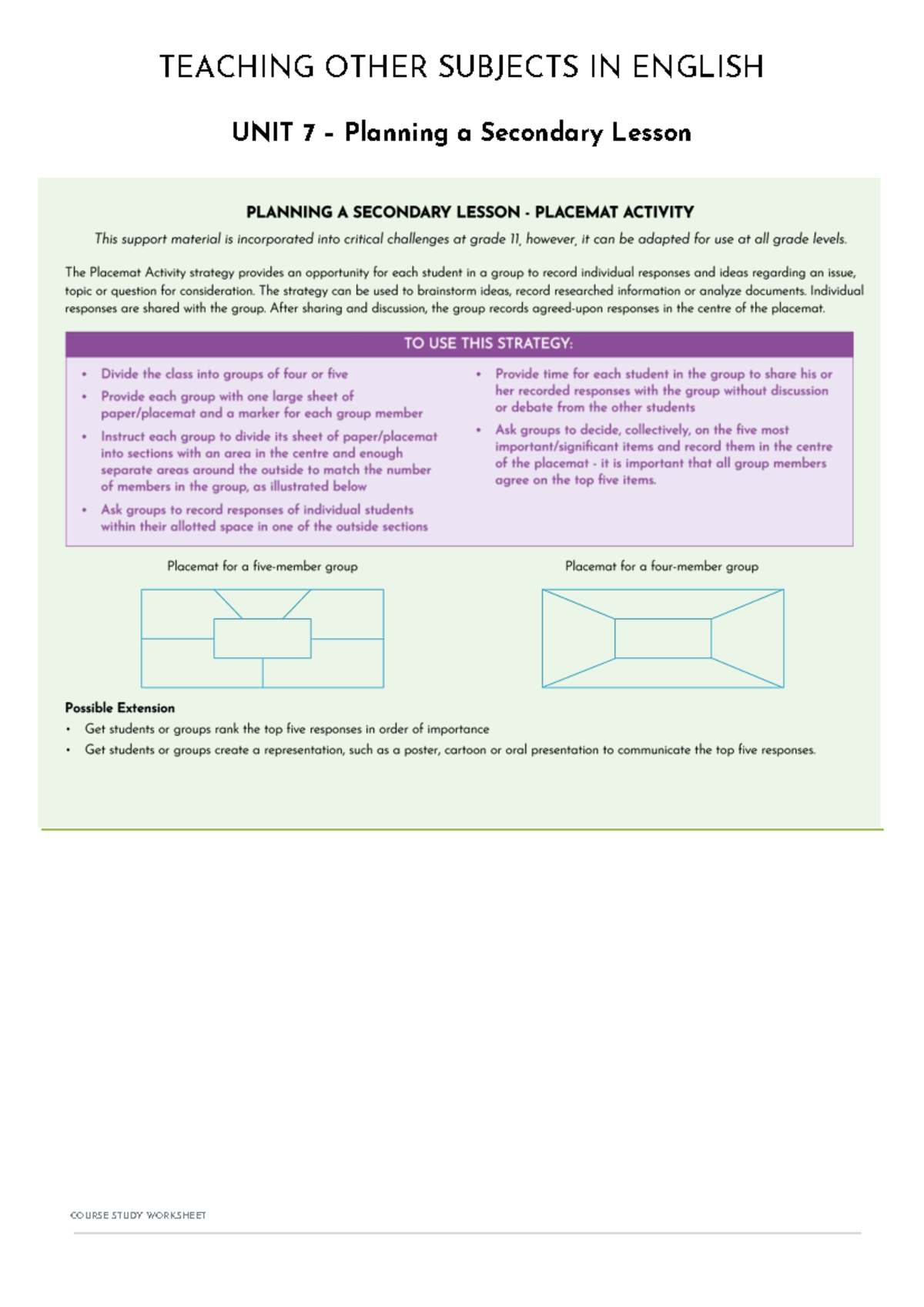 Placemat Activity - tefl - TEFL1 - TEACHING OTHER SUBJECTS IN ENGLISH ...