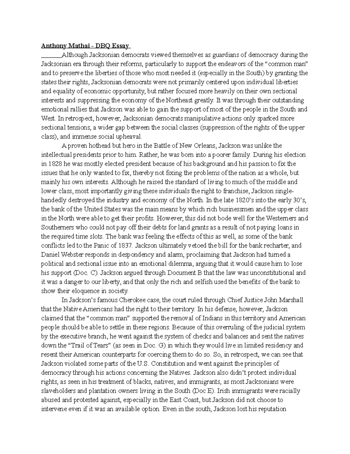 Copy of AP Test - DBQ - Anthony Mathai - DBQ Essay Although Jacksonian ...