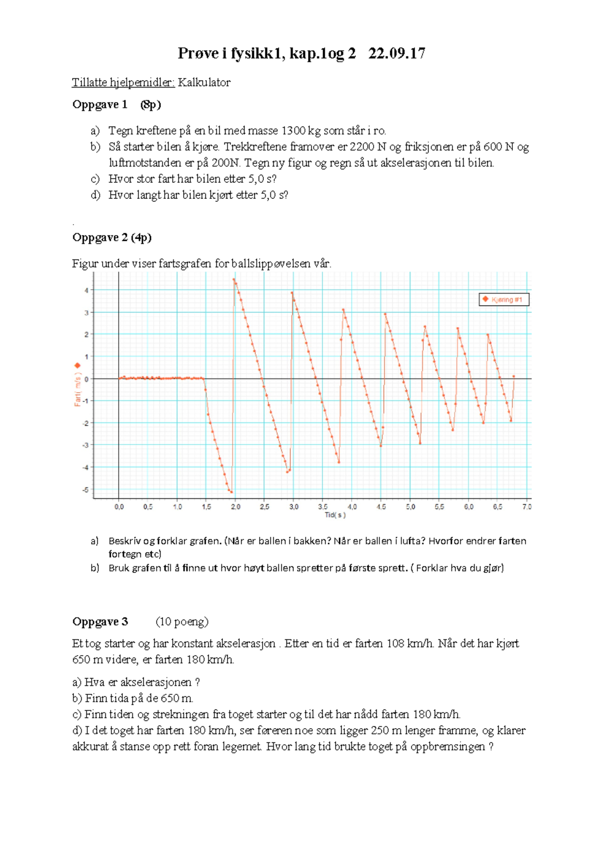 Fysikik 1 22.sept 17 - øveprøve - Prøve i fysikk1, kap 2 22. Tillatte hjelpemidler: Kalkulator ...