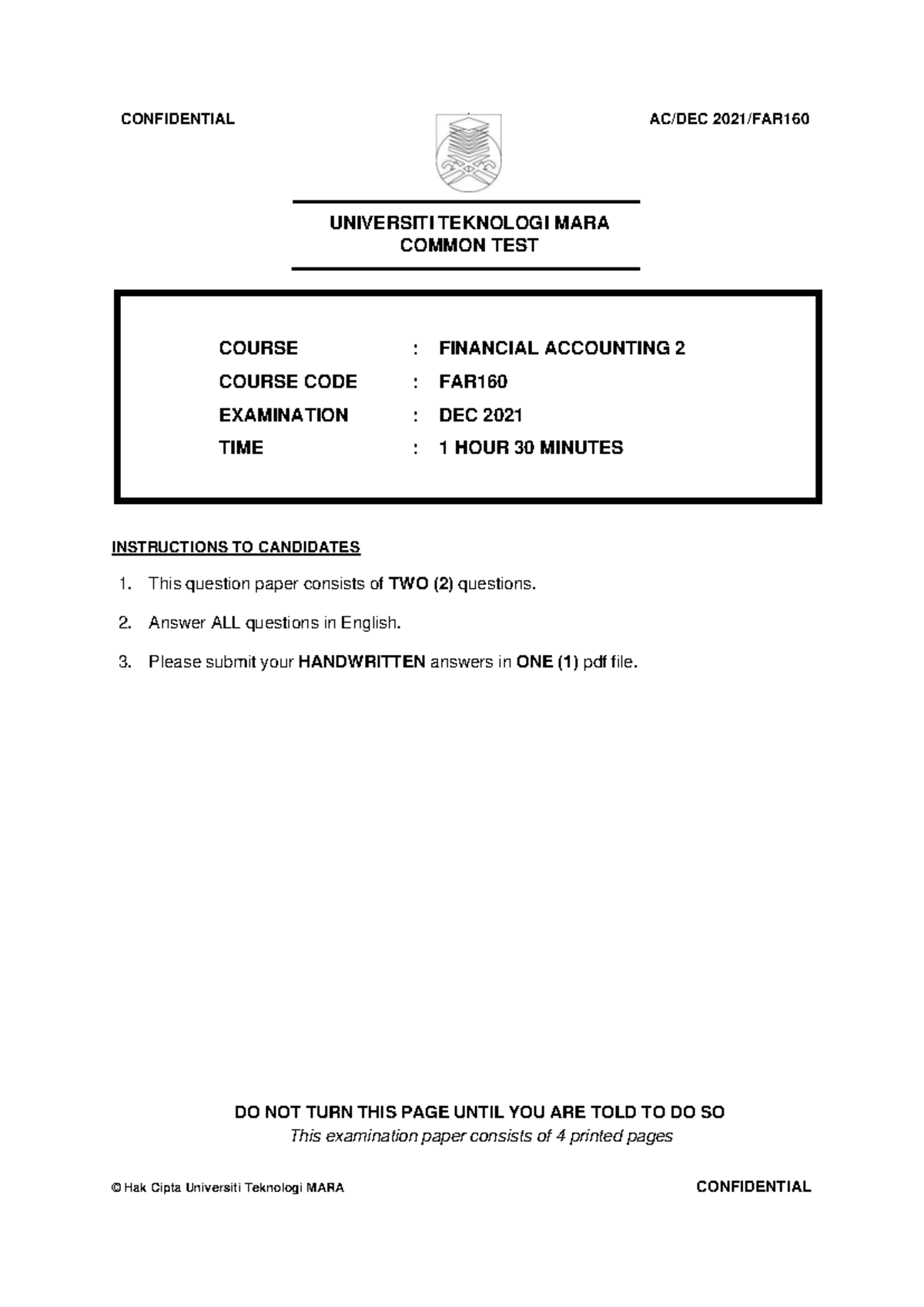 FAR160 common test Dec 2021 - CONFIDENTIAL 1 AC/DEC 2021/FAR COURSE ...