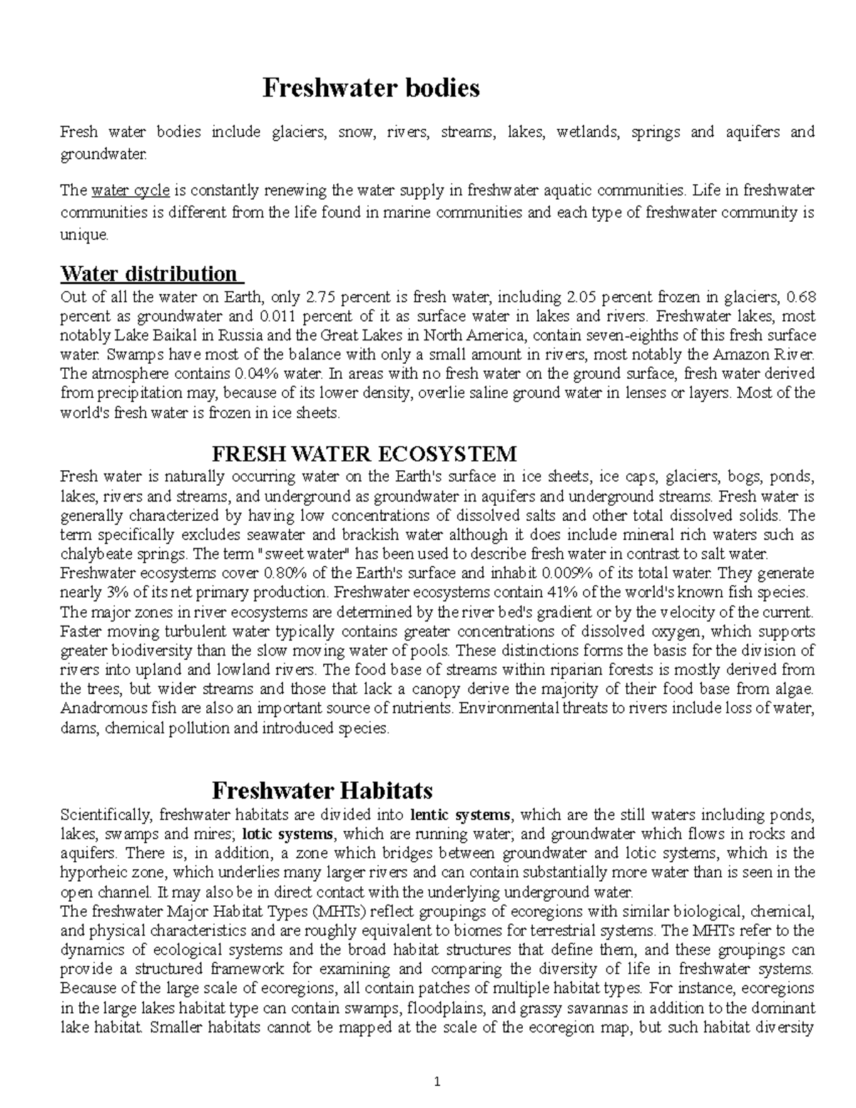 Hydrobiology - Lecture notes 1-10 - Freshwater bodies Fresh water ...