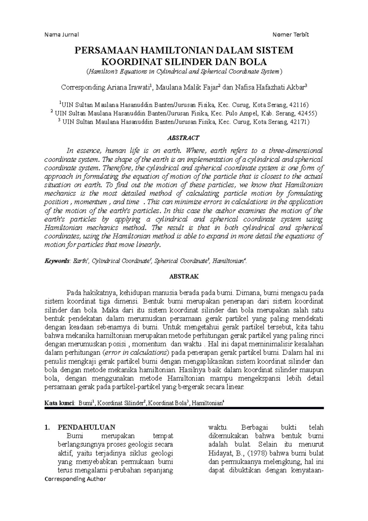 Artikel pers Hamilton - PERSAMAAN HAMILTONIAN DALAM SISTEM KOORDINAT ...
