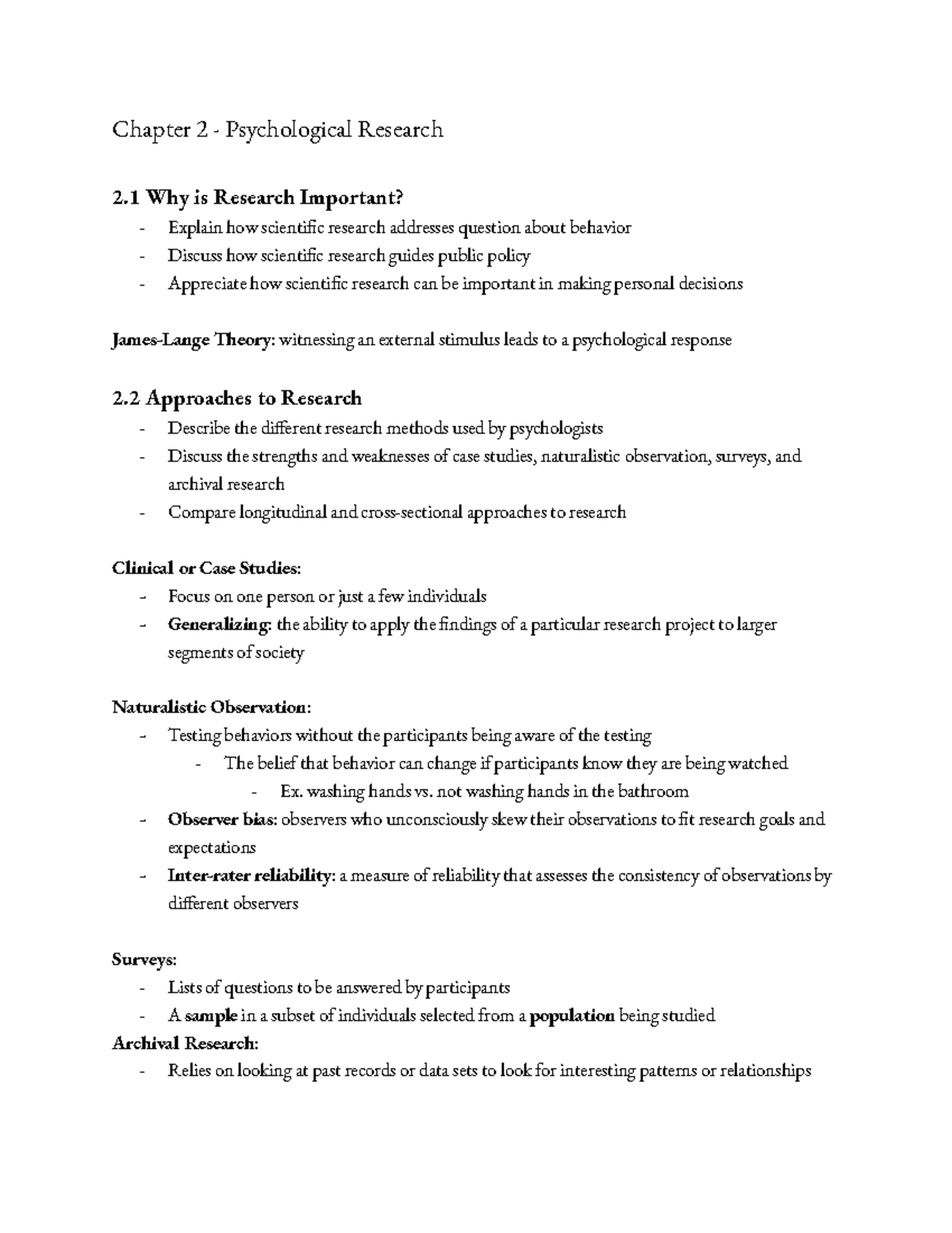 Chapter 2 Notes - Chapter 2 - Psychological Research 2 Why is Research ...