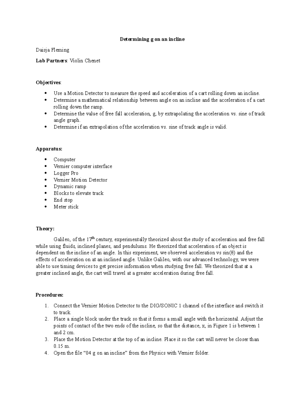 PHY 2048L Cart on a Ramp - lab report - Determining g on an incline ...