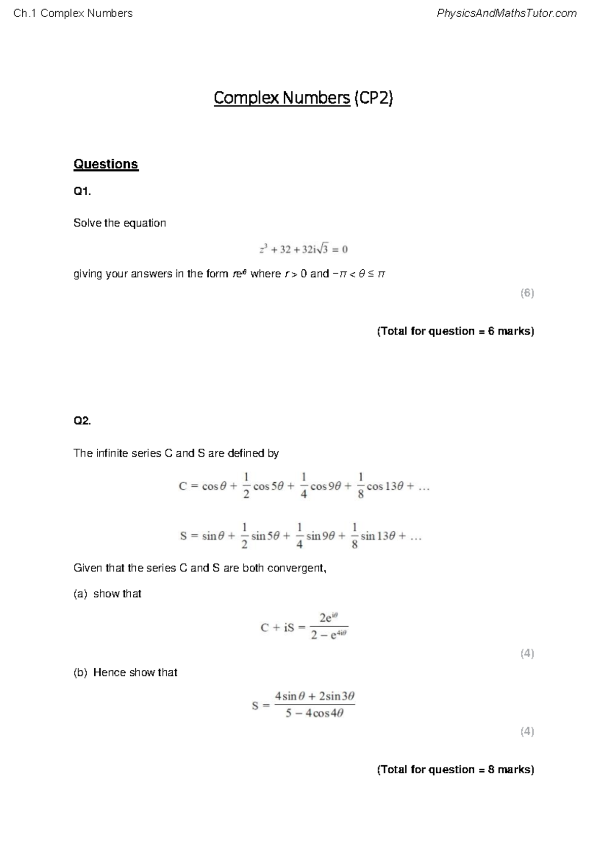 Ch.1 Complex Numbers - Complex Numbers (CP2) Questions Q1. Solve the ...