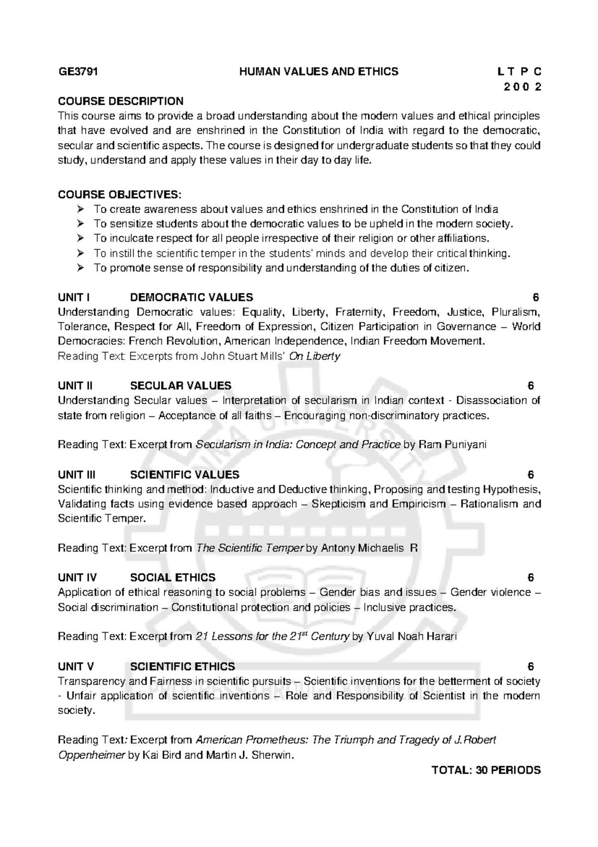 719317284 Human Values AND Ethics - GE3791 HUMAN VALUES AND ETHICS L T ...