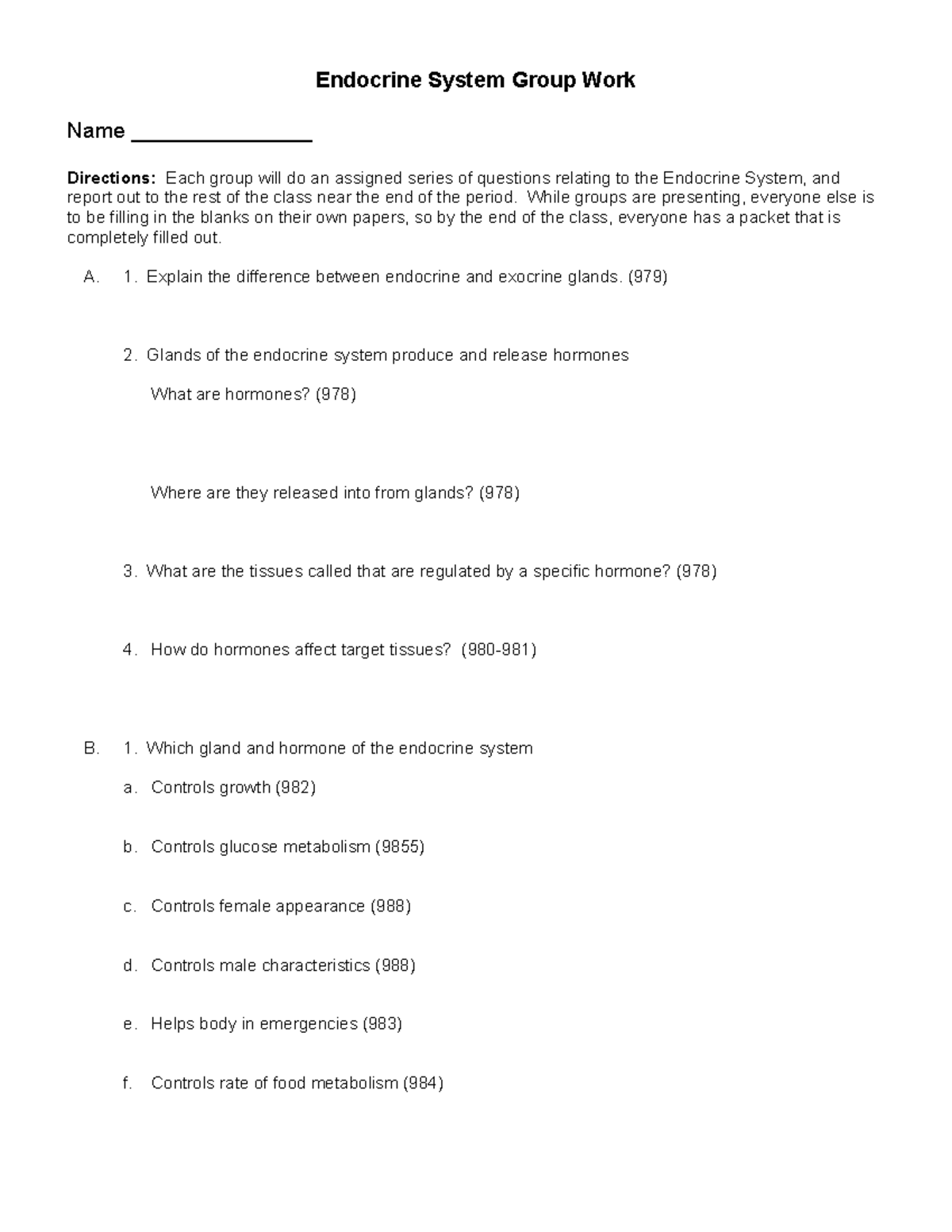 Endocrine system group work - Endocrine System Group Work Name ...
