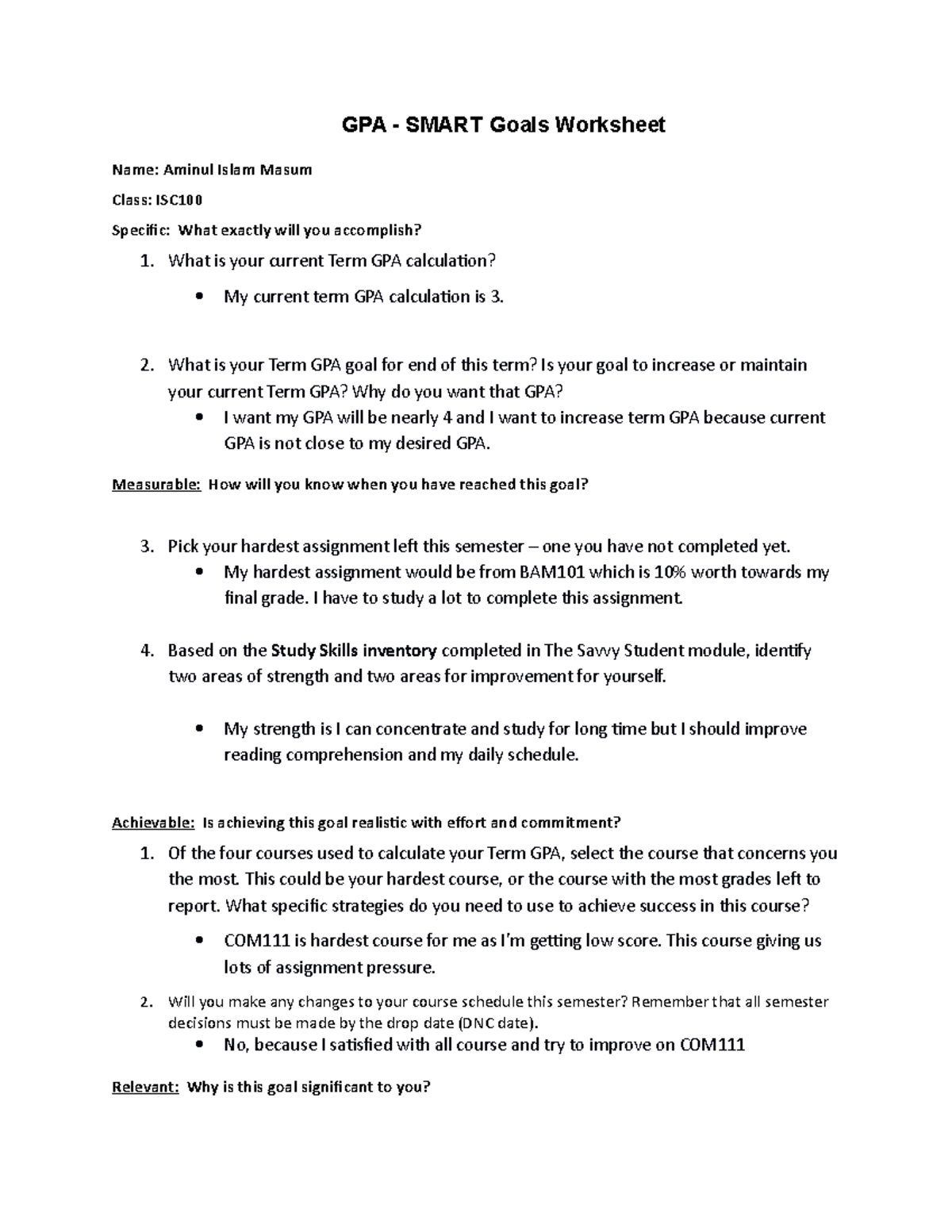 Smart Goals Worksheet Ma Fall2020 - GPA - SMART Goals Worksheet Name ...