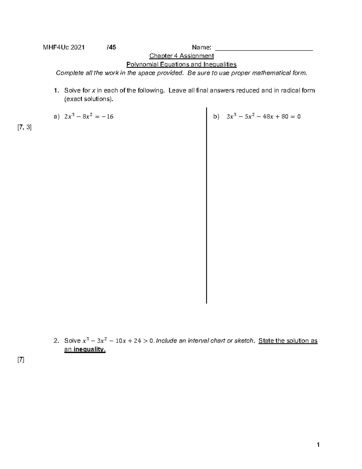 MHF4Uc Ch. 4 Assignment - 1 MHF4Uc 2021 /45 Name ...