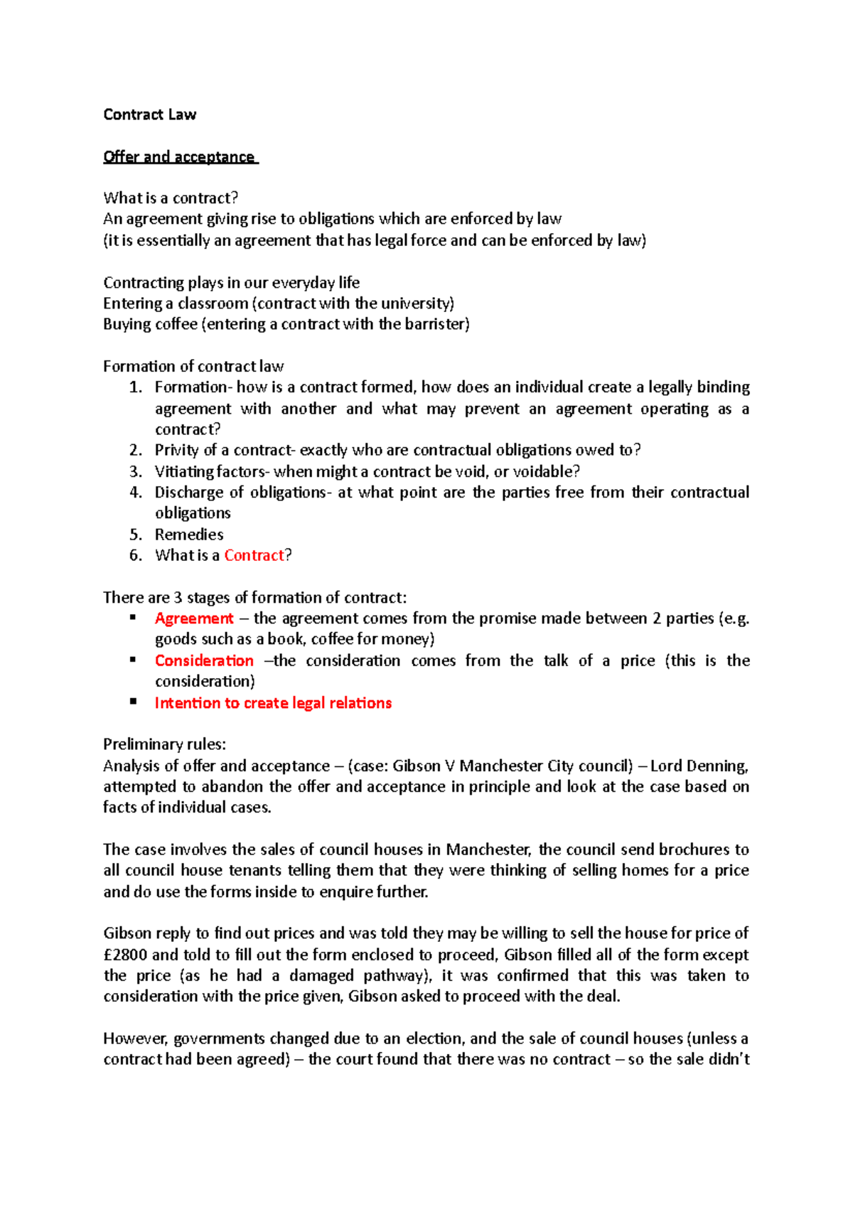 Contract Law note - CL note - Contract Law Offer and acceptance What is ...