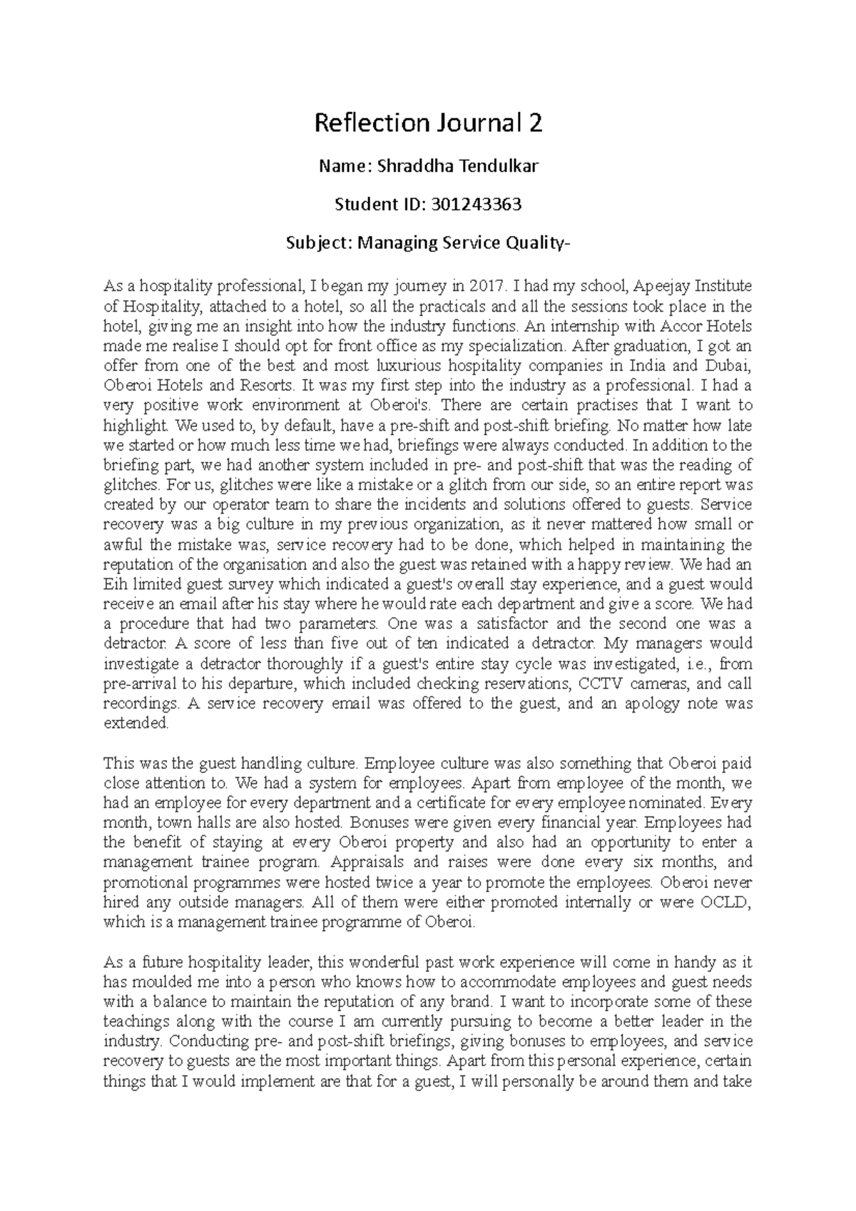 Reflection Journal 2 - I had my school, Apeejay Institute of ...