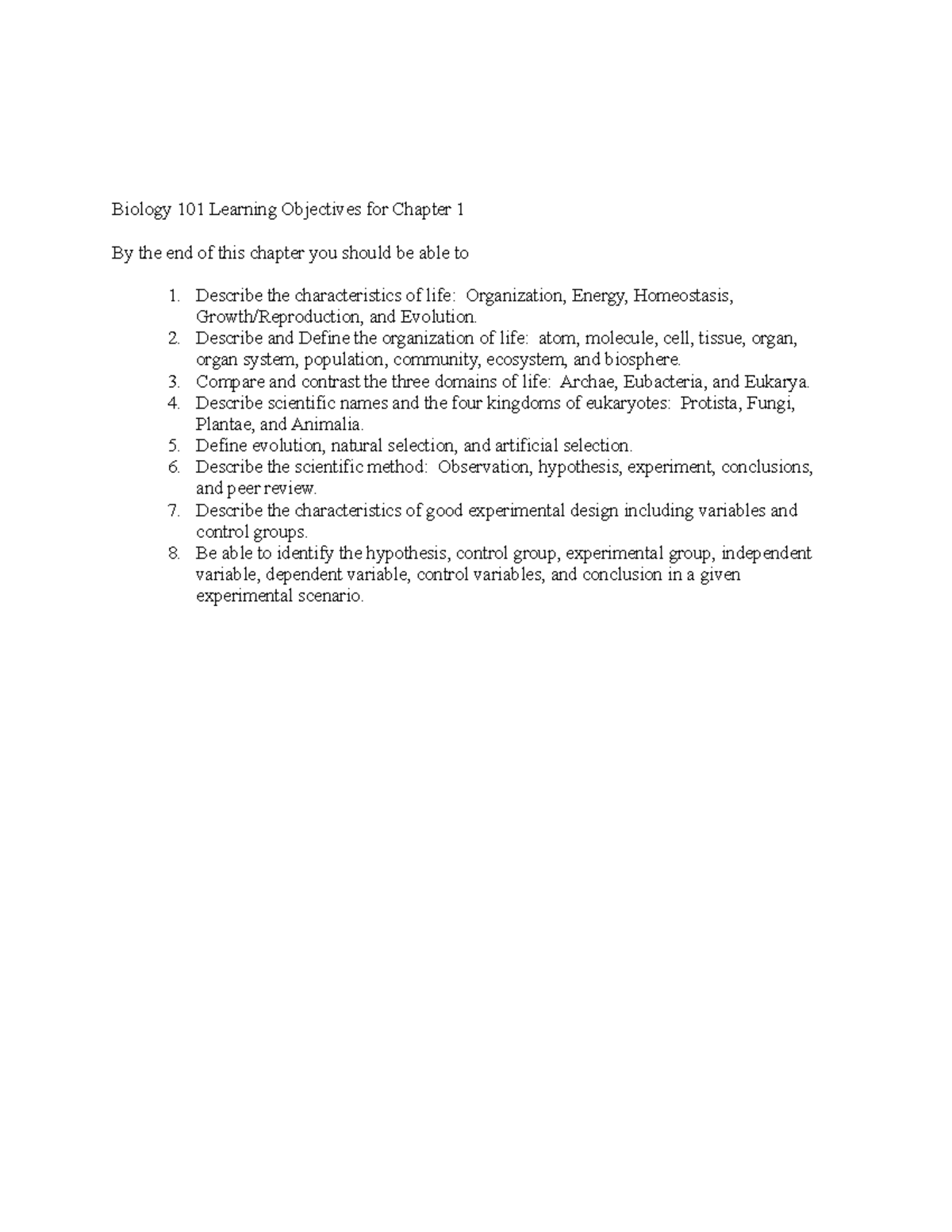Chapter 1 - Homework - Biology 101 Learning Objectives for Chapter 1 By ...