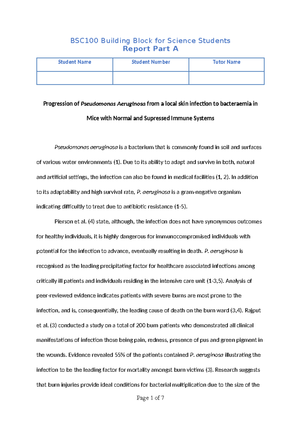 BSC100 Report Part A - BSC100 Building Block for Science Students Report Part A Student Name ...