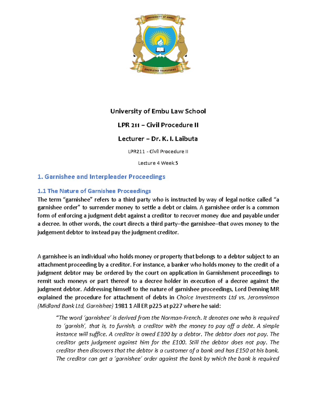 LPR211 Civil Procedure II Lecture 4 Week 5 - University of Embu Law ...