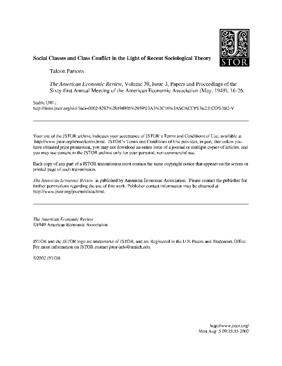 Parsons Social classes and class conflict in the light of recent ...