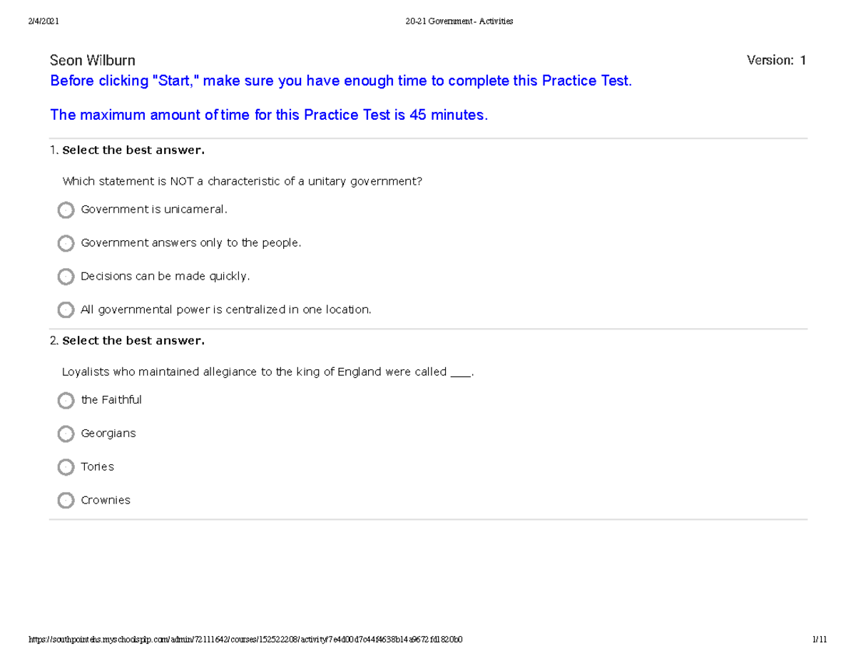 Gov PLP - Practice Test - n/a - Before clicking "Start," make sure you ...
