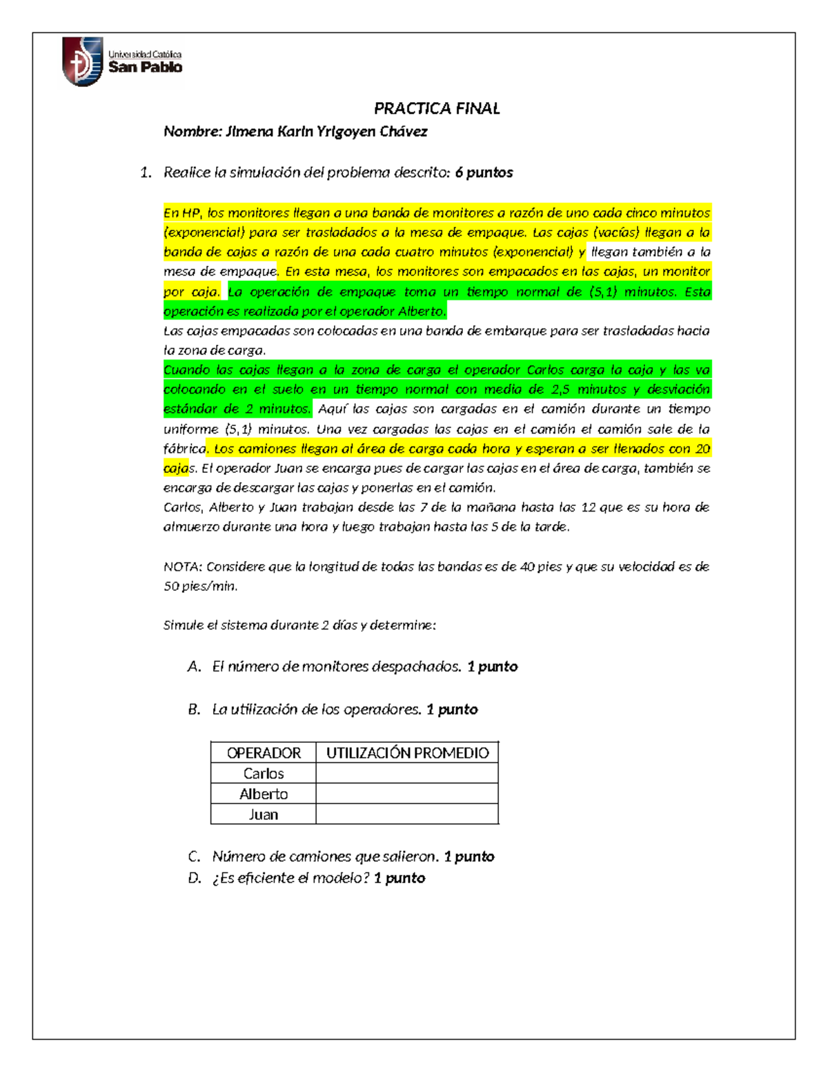 Practica Final - TRABAJO SIMULACION - PRACTICA FINAL Nombre: Jimena Karin Yrigoyen Chávez 1 ...