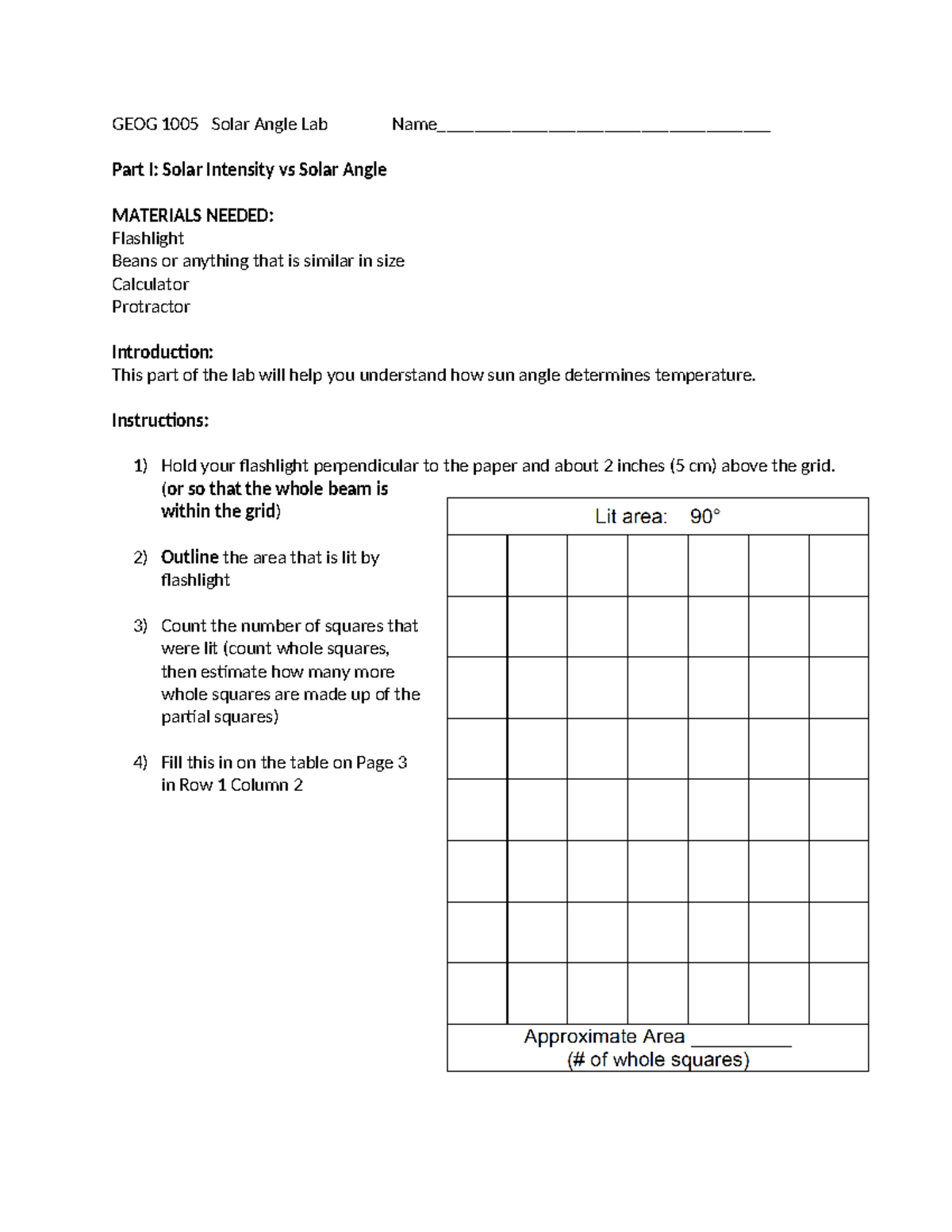 Solar Angle Lab Part 1'23 - GEOG 1005 Solar Angle Lab Name
