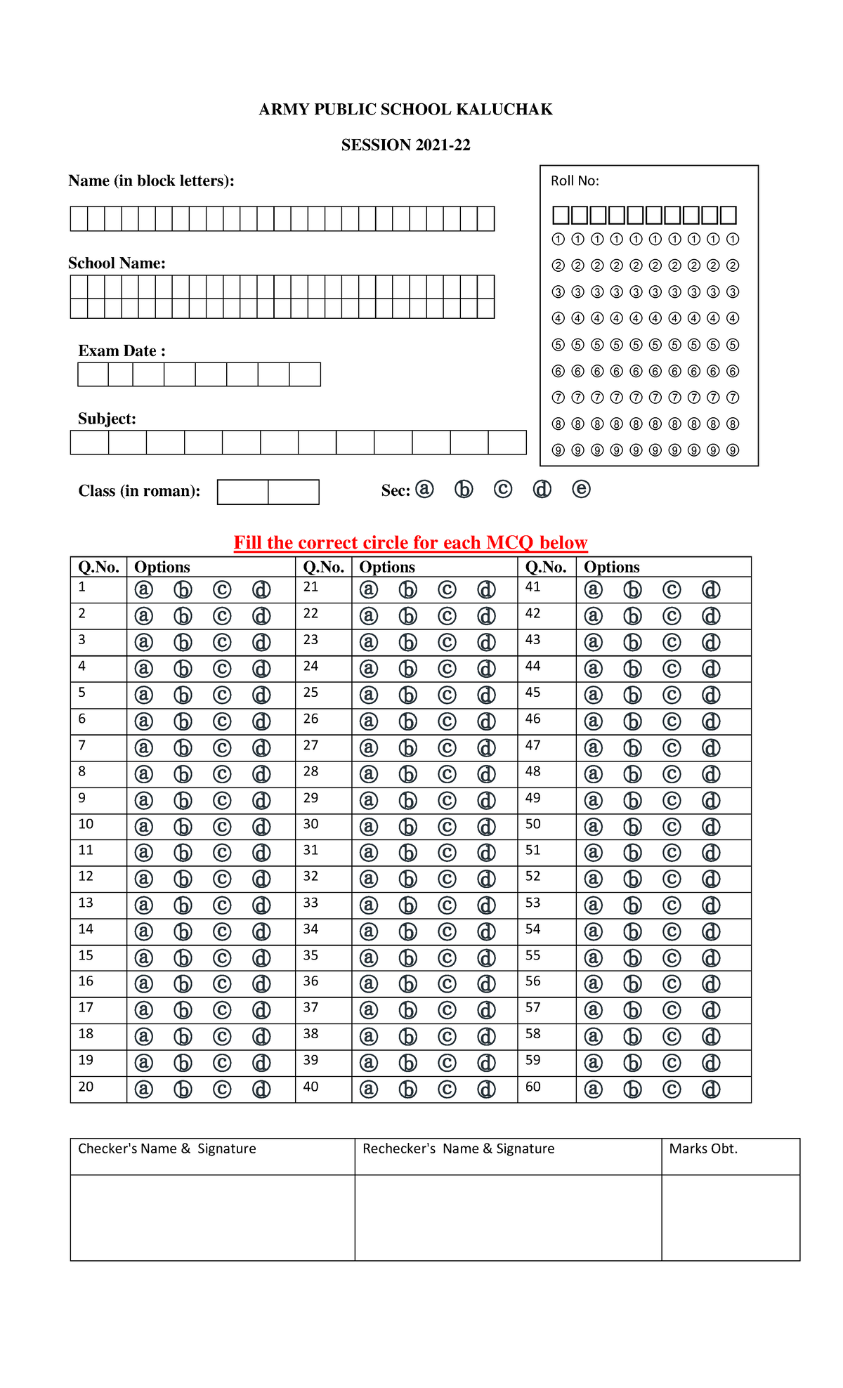 OMR Sheet - ARMY PUBLIC SCHOOL KALUCHAK SESSION 2021- Name (in block ...