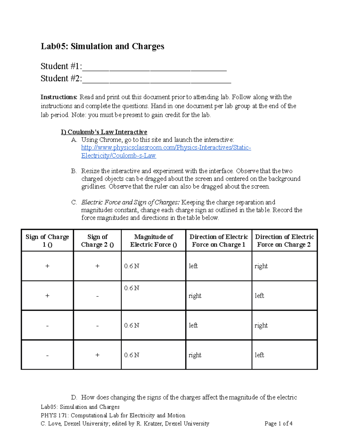 Lab05 Simulation and Charges - Lab05: Simulation and Charges Student - Studocu