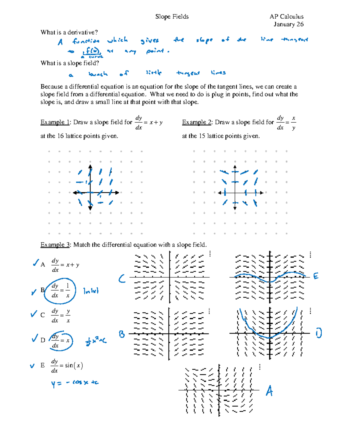 1-26 - slope fields - Class notes - Slope Fields AP Calculus January 26 ...
