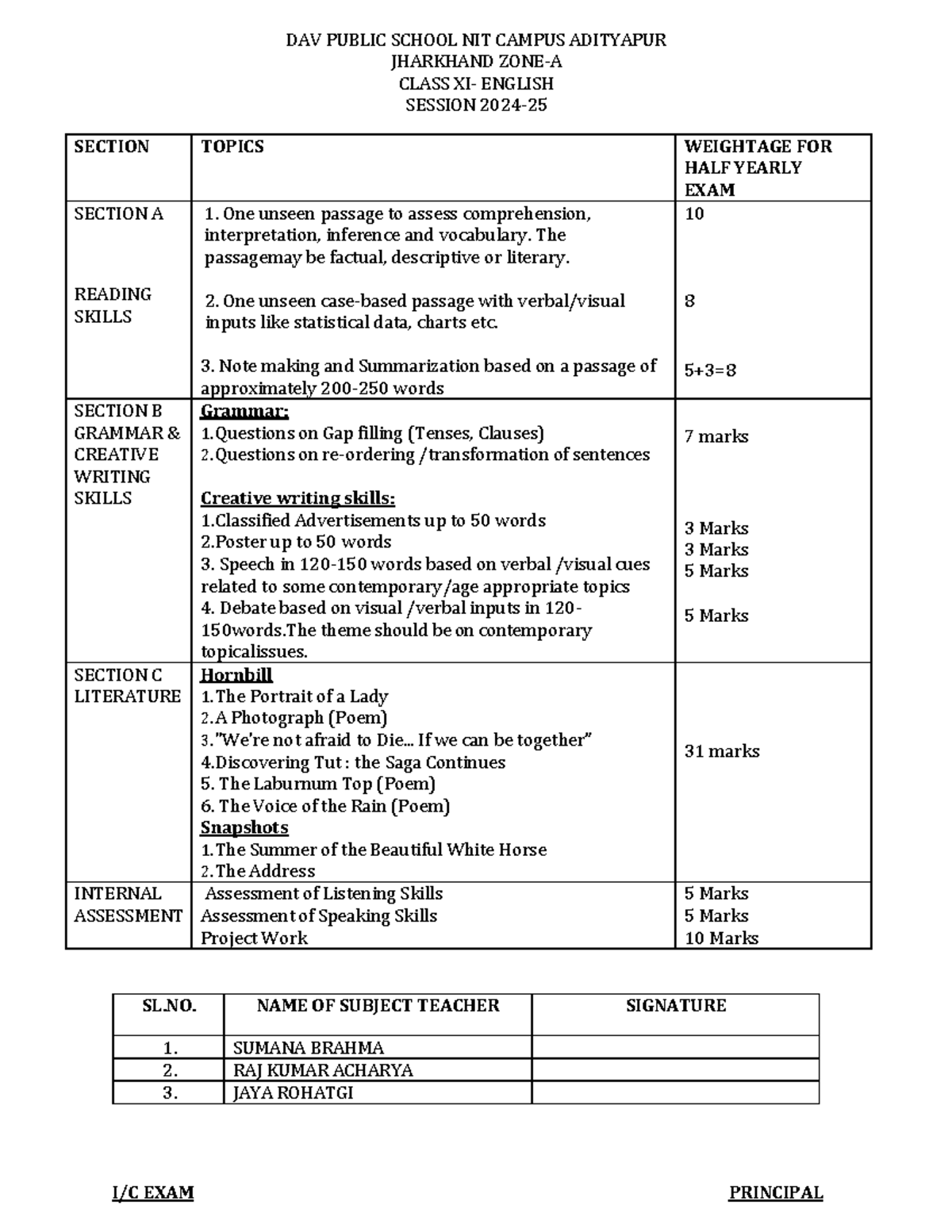 English CORE HALF Yearly 2024 - DAV PUBLIC SCHOOL NIT CAMPUS ADITYAPUR ...