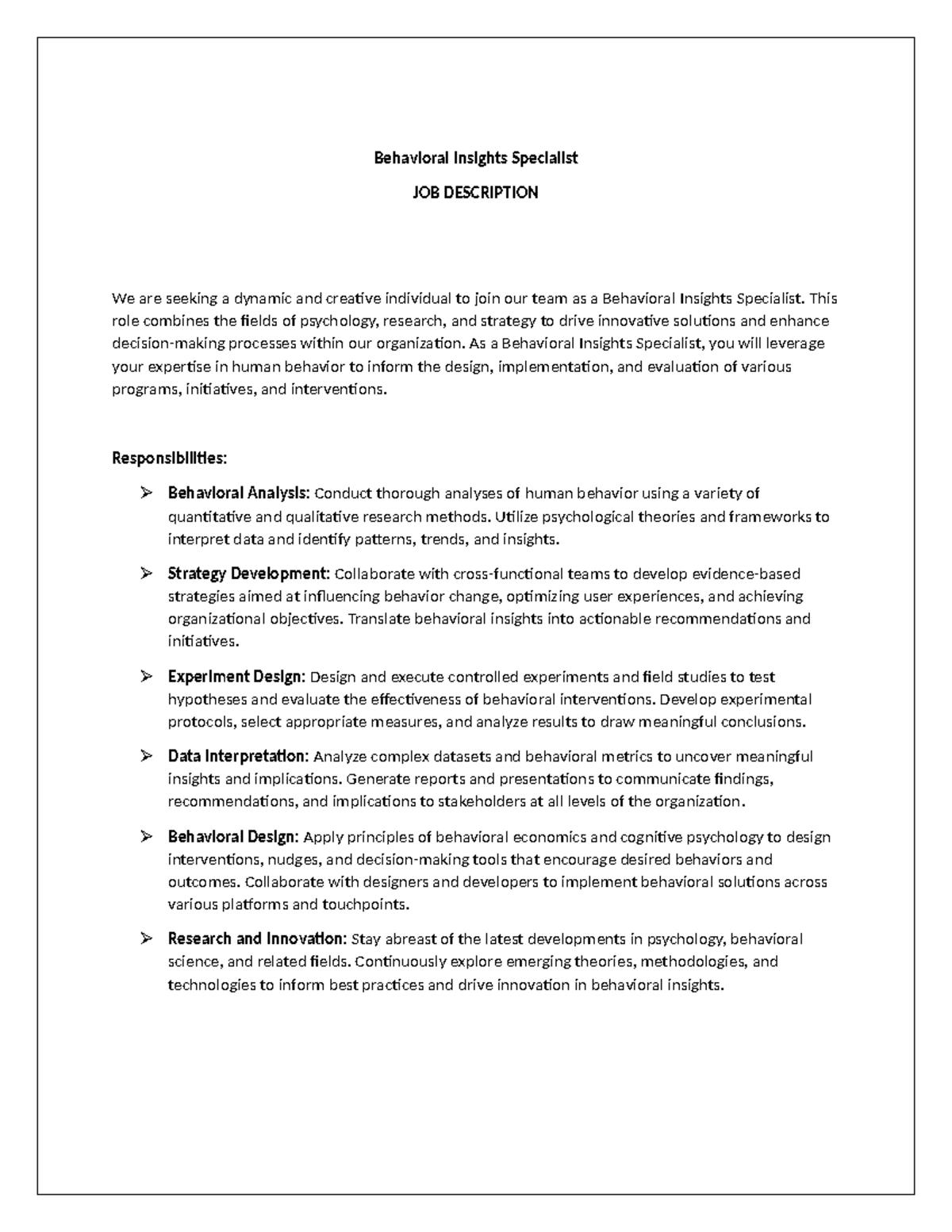 Behavioral Insights Specialist JOB Description - Behavioral Insights ...