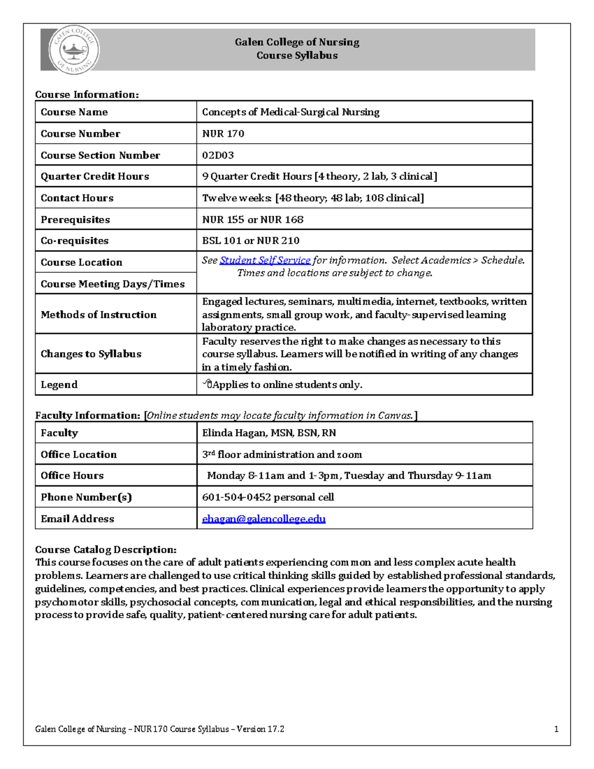 NUR 170 Syllabus Version 17-2 E Hagan 02D03 Sum 23 - Galen College of ...