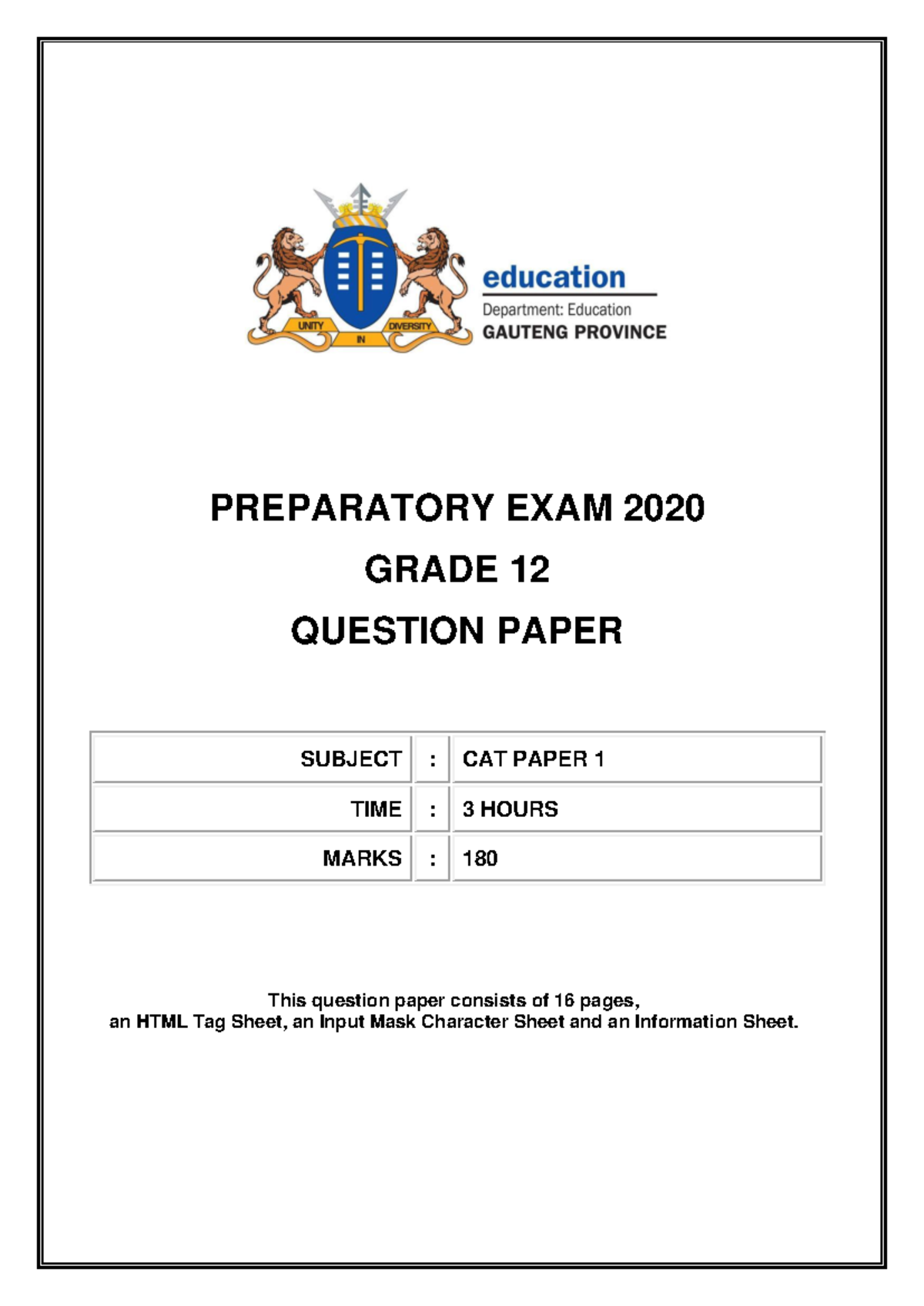 CATP1 Prelim 2020 QPaper - PREPARATORY EXAM 20 20 GRADE 12 QUESTION ...