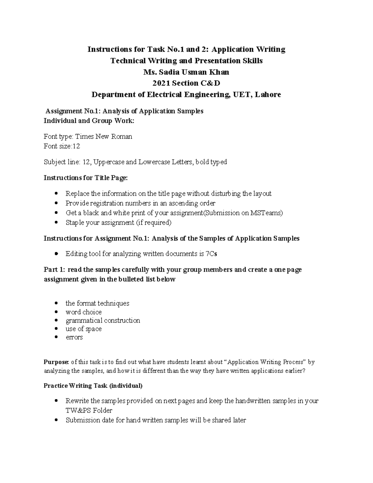 EE C&D and CRP Instructions for Assignment No - Instructions for Task No and 2: Application ...