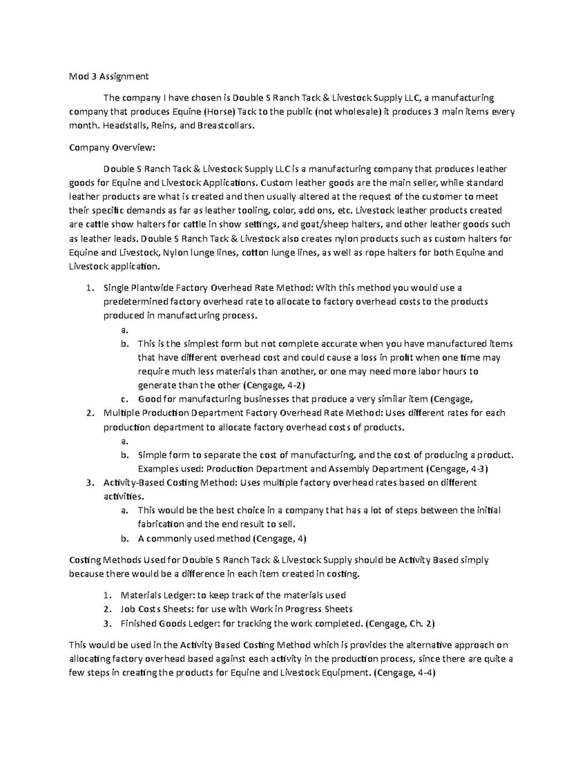 ACC-202 Mod 3 Assignment - Mod 3 Assignment The company I have chosen is Double S Ranch Tack ...