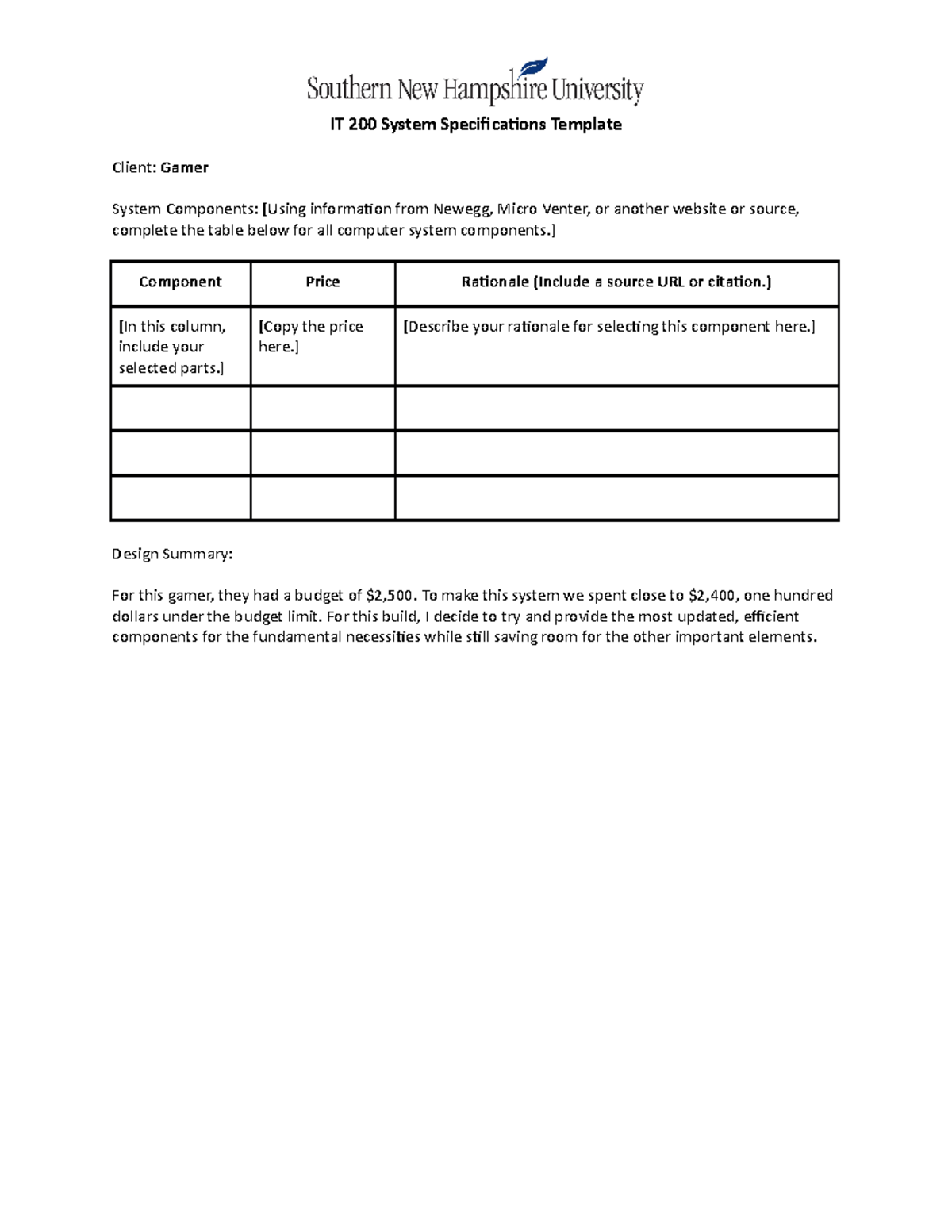 It 200 System Specifications Template It 200 System Specifications Template Client Gamer