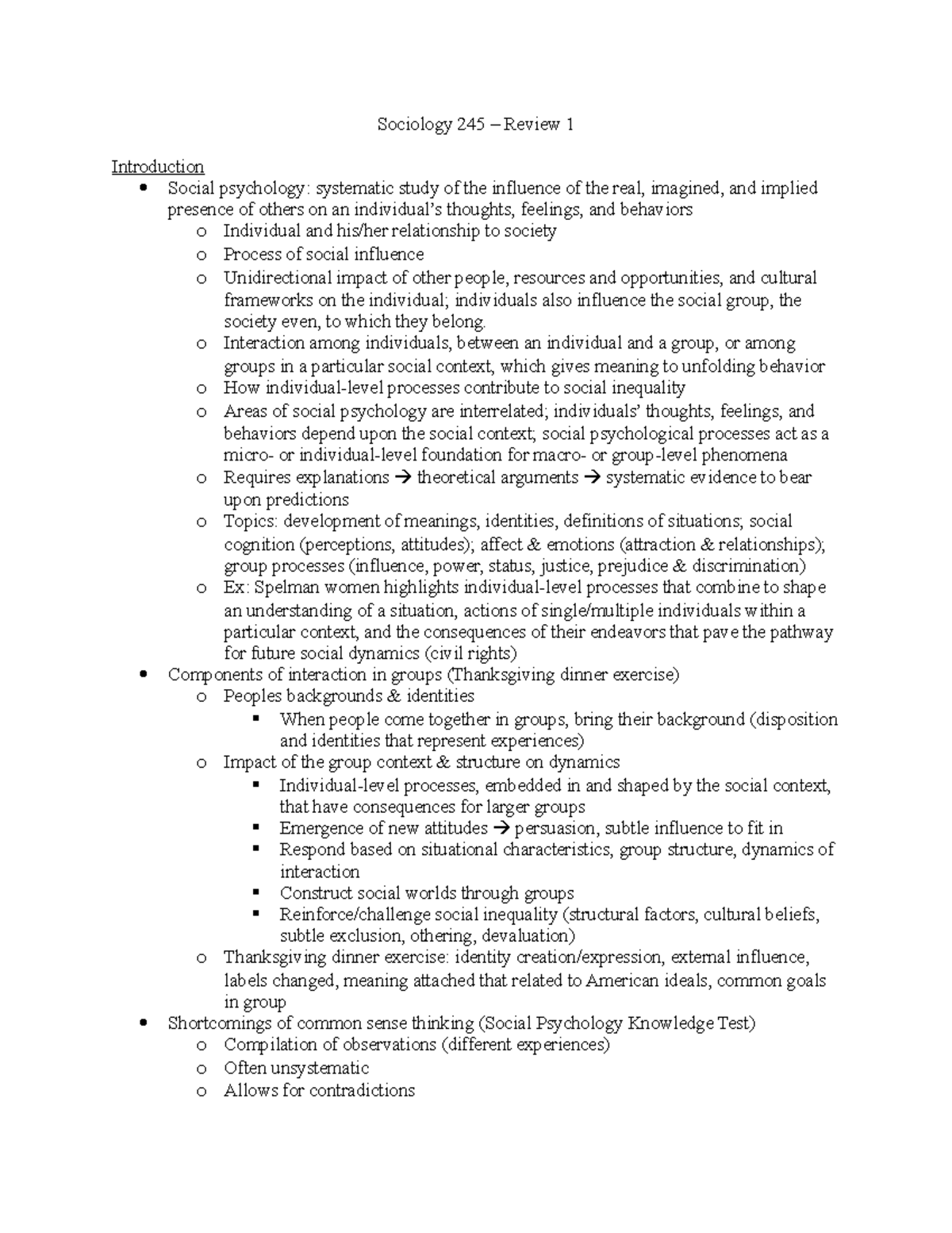 Sociology 245 Review 1 Introduction Social psychology - Studocu