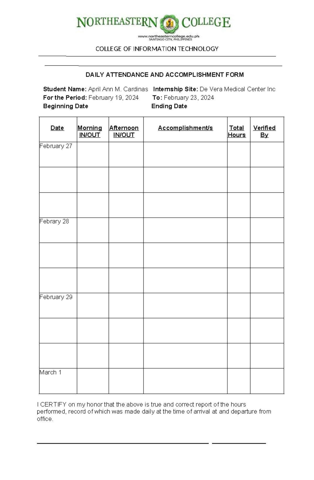 Tpec-5 - Sample resumes - DAILY ATTENDANCE AND ACCOMPLISHMENT FORM ...