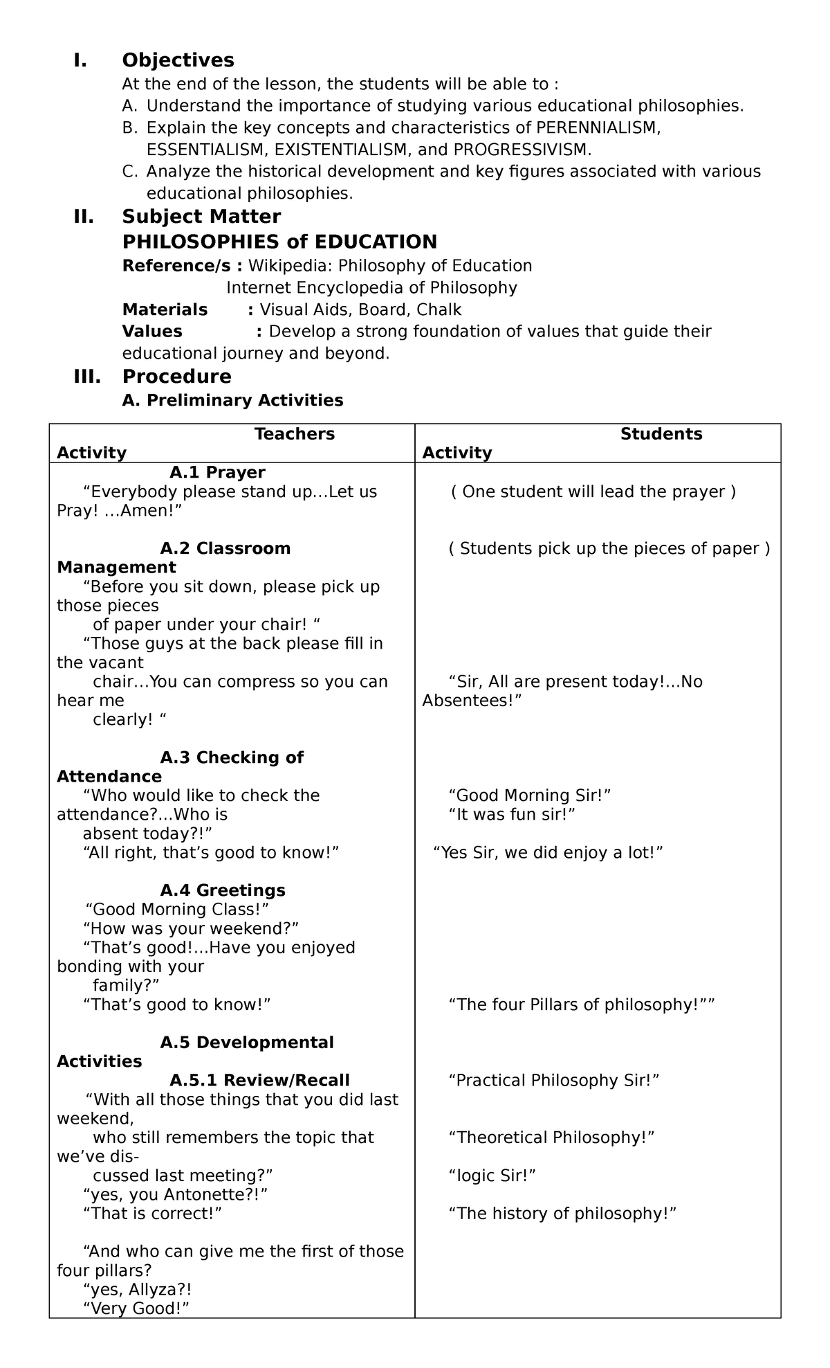Lesson Plan2 - Notes - I. Objectives At the end of the lesson, the ...