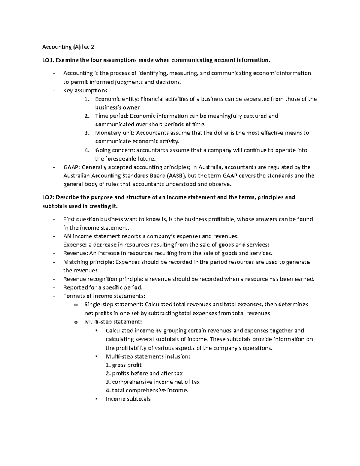 Lec-2 - Notes - Accounting (A) lec 2 LO1. Examine the four assumptions ...