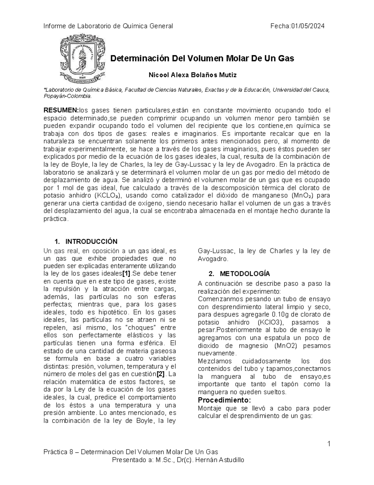 Informe 8 laboratotio de quimica general - Determinación Del Volumen ...