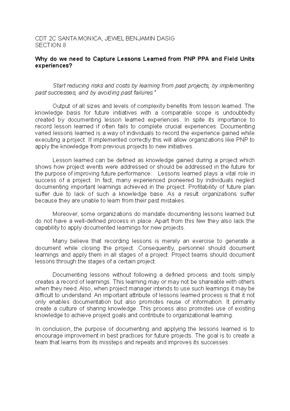 WHY DO WE NEED TO Capture Lesson Learned - CDT 2C SANTA MONICA, JEWEL ...