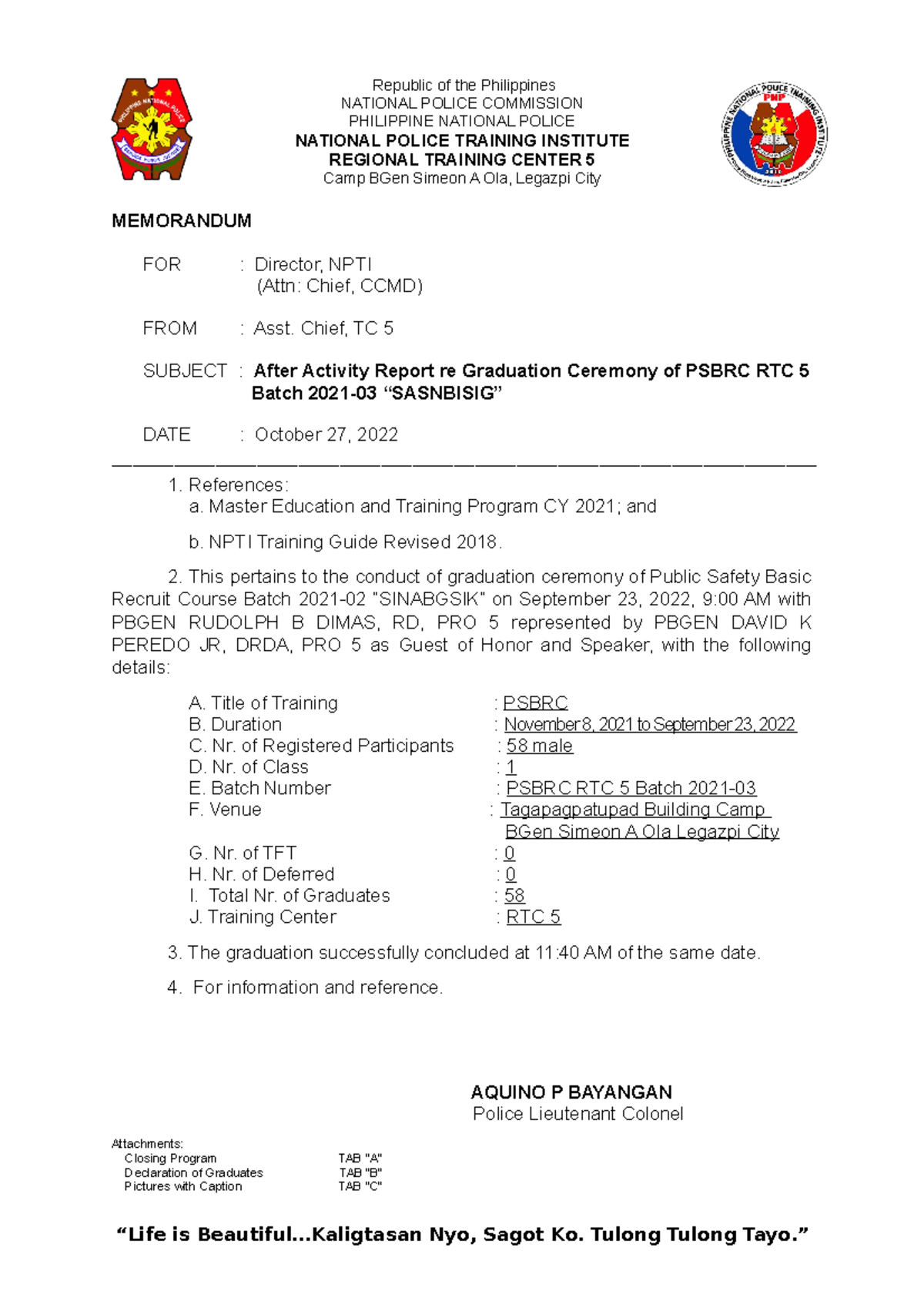 AAR re Closing Ceremony of Psbrc RTC 5 Batch 2021-02 - Republic of the Philippines NATIONAL ...