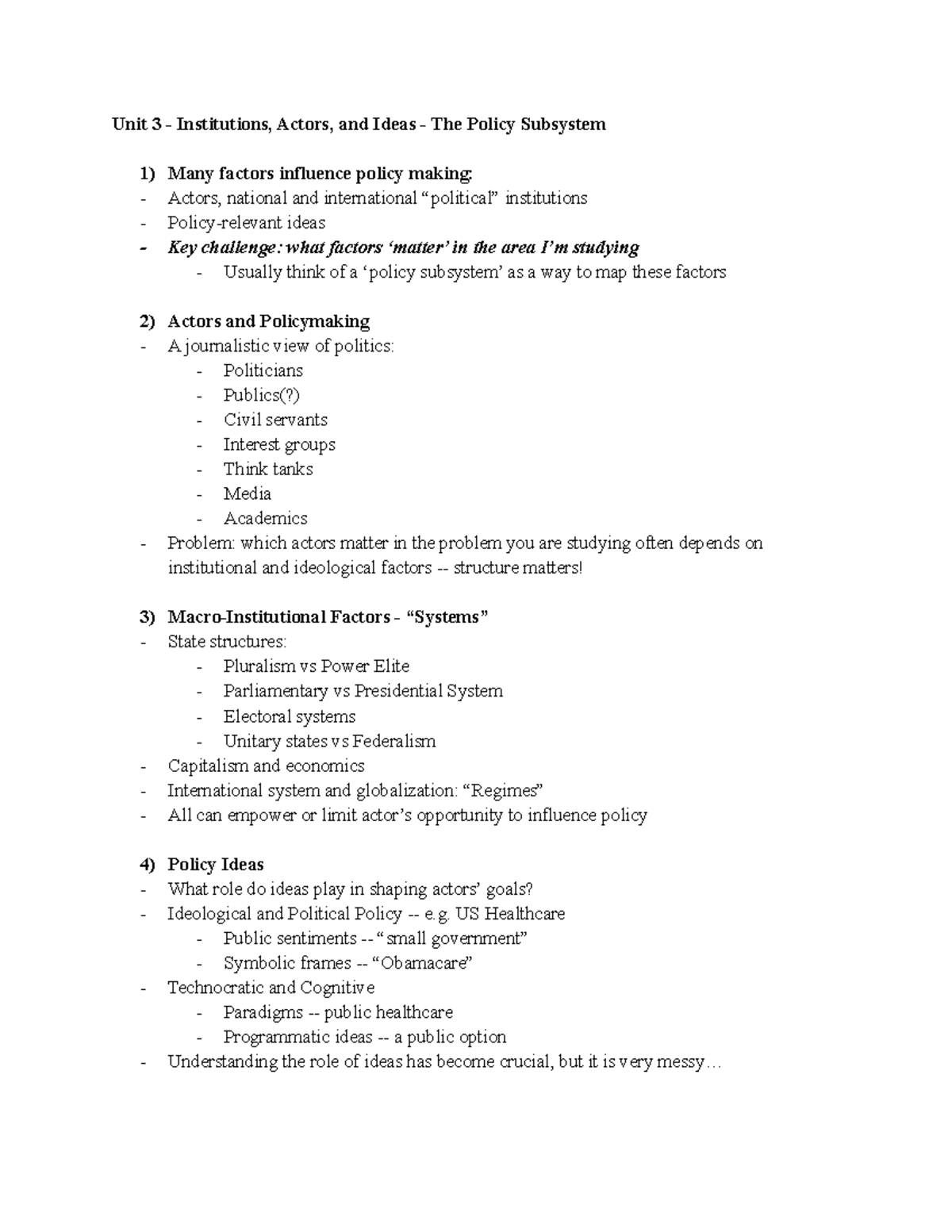 Unit 3 The Policy Subsystem - Unit 3 - Institutions, Actors, and Ideas ...