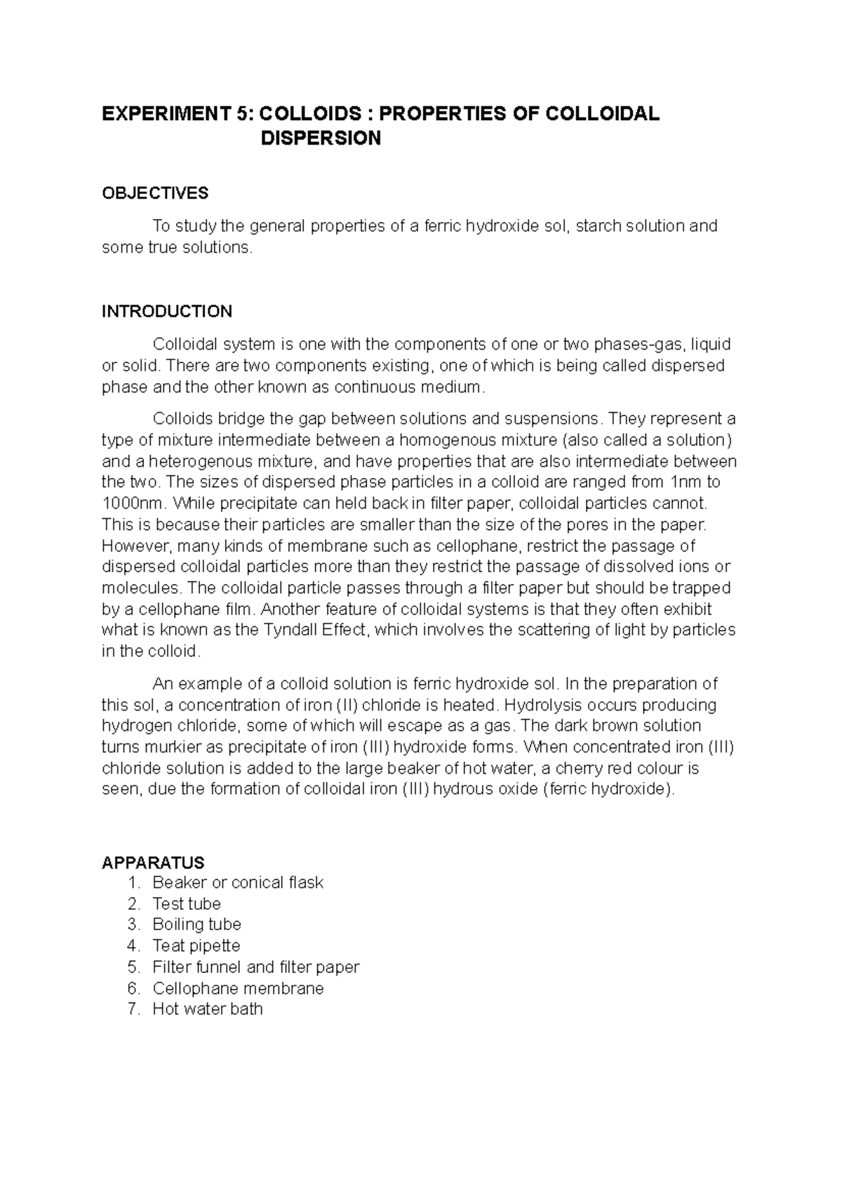 Experiment 5 CHM432 - EXPERIMENT 5: COLLOIDS : PROPERTIES OF COLLOIDAL ...