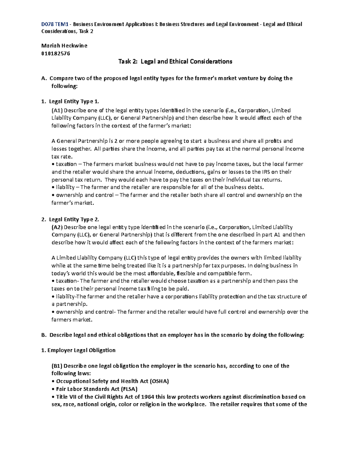 D078 Task 2 Template - Passed - D078 TEM1 - Business Environment ...