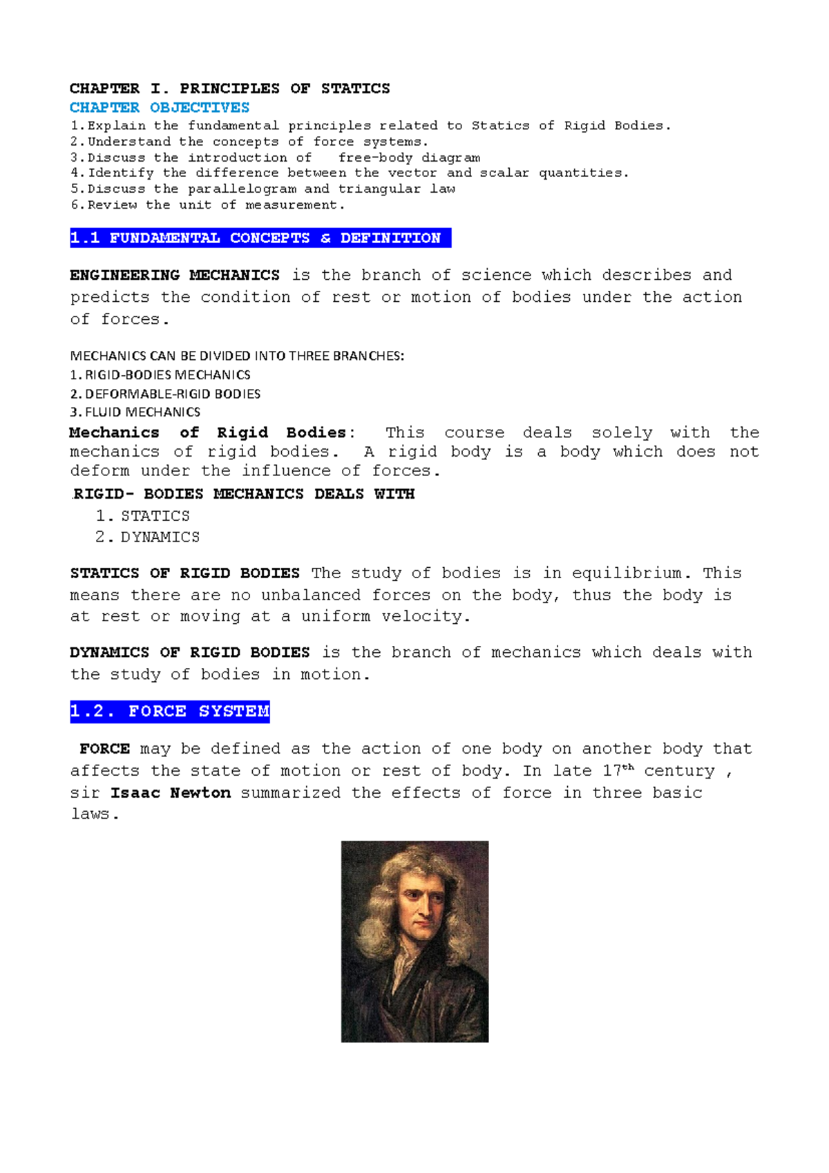 Chapter 1 Statics OF Rigid Bodies - CHAPTER I. PRINCIPLES OF STATICS ...