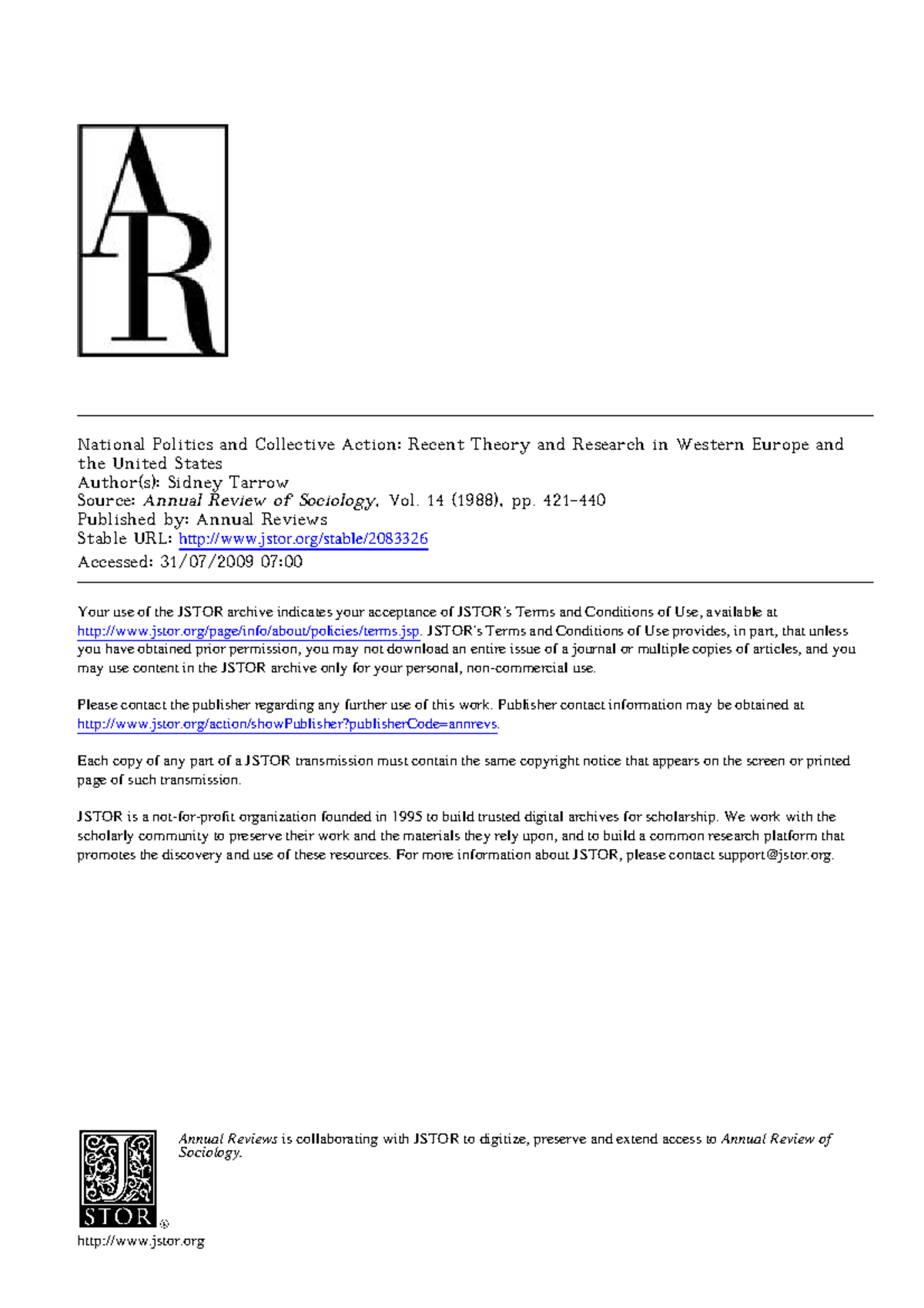 National politics and collective action by Sidney Tarrow - National ...