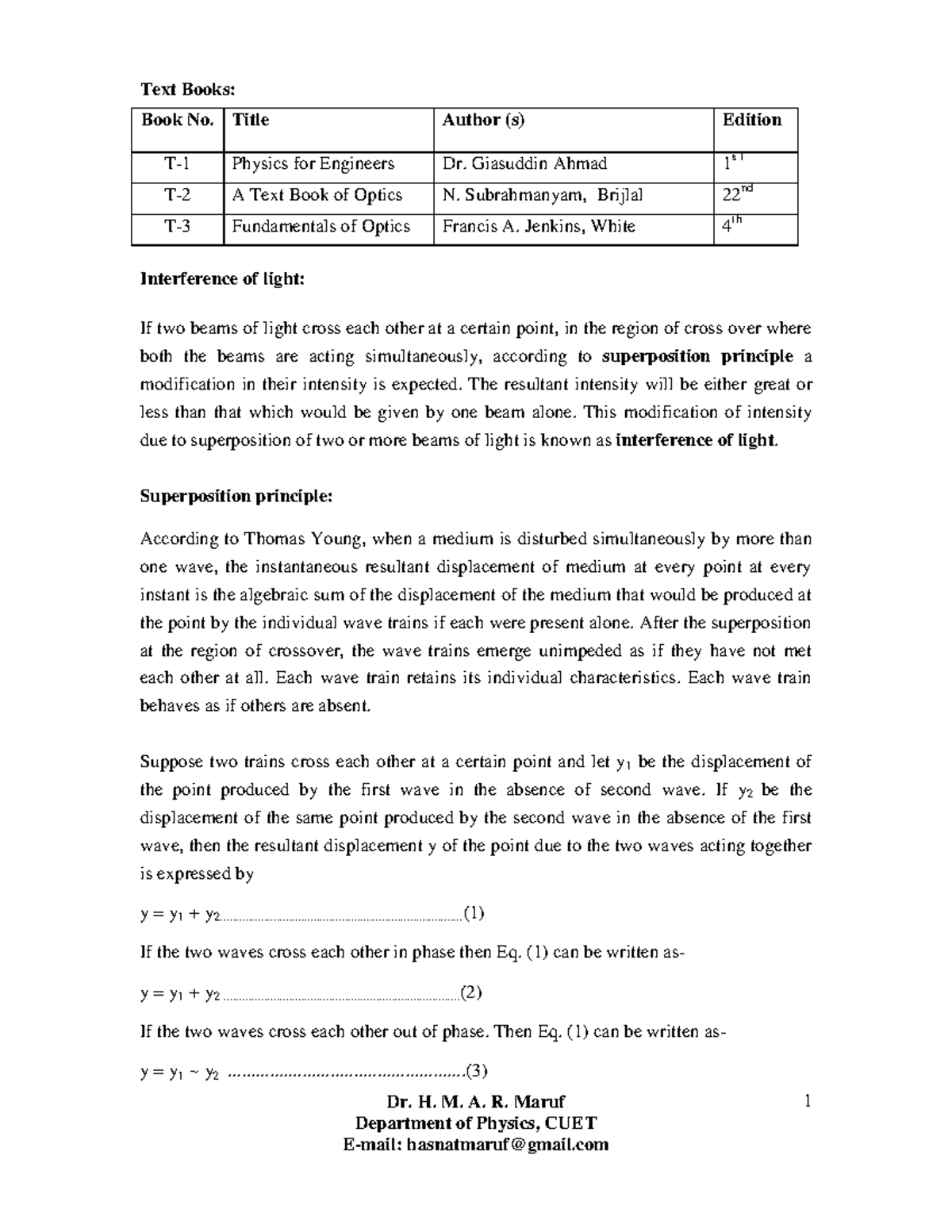 Interference - Dr. H. M. A. R. Maruf Department of Physics, CUET 1 Text ...
